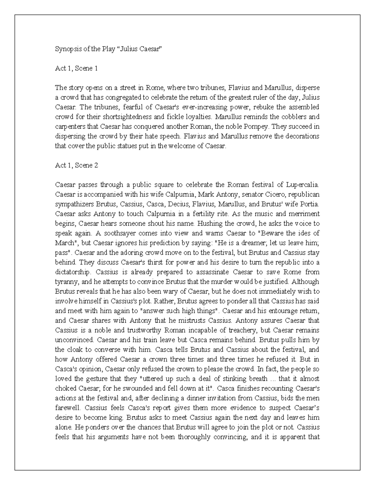 Julius Caesar all the acts including individual scenes summary starting ...