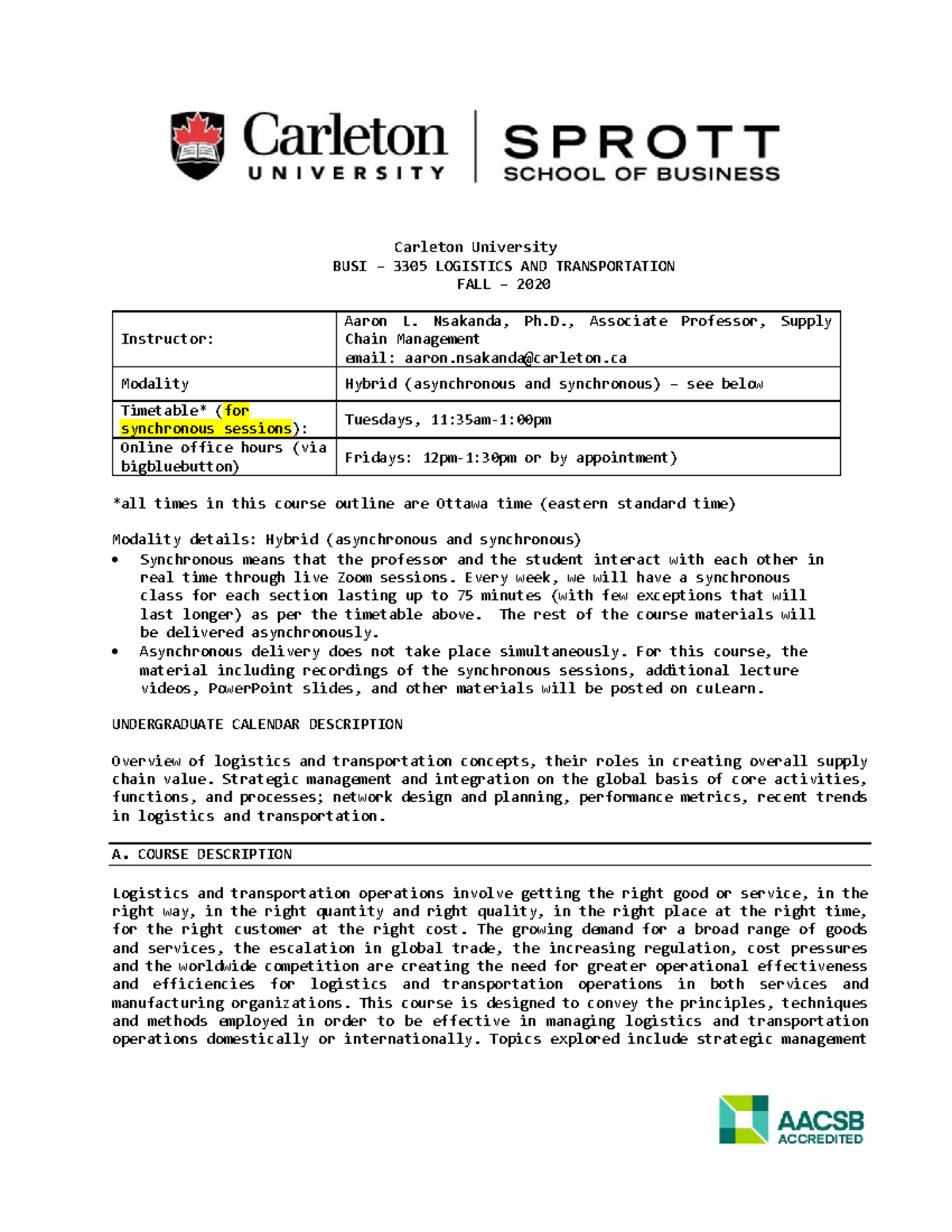 3305A f20 Aaron Nsakanda - **Carleton University BUSI – 3305 LOGISTICS ...