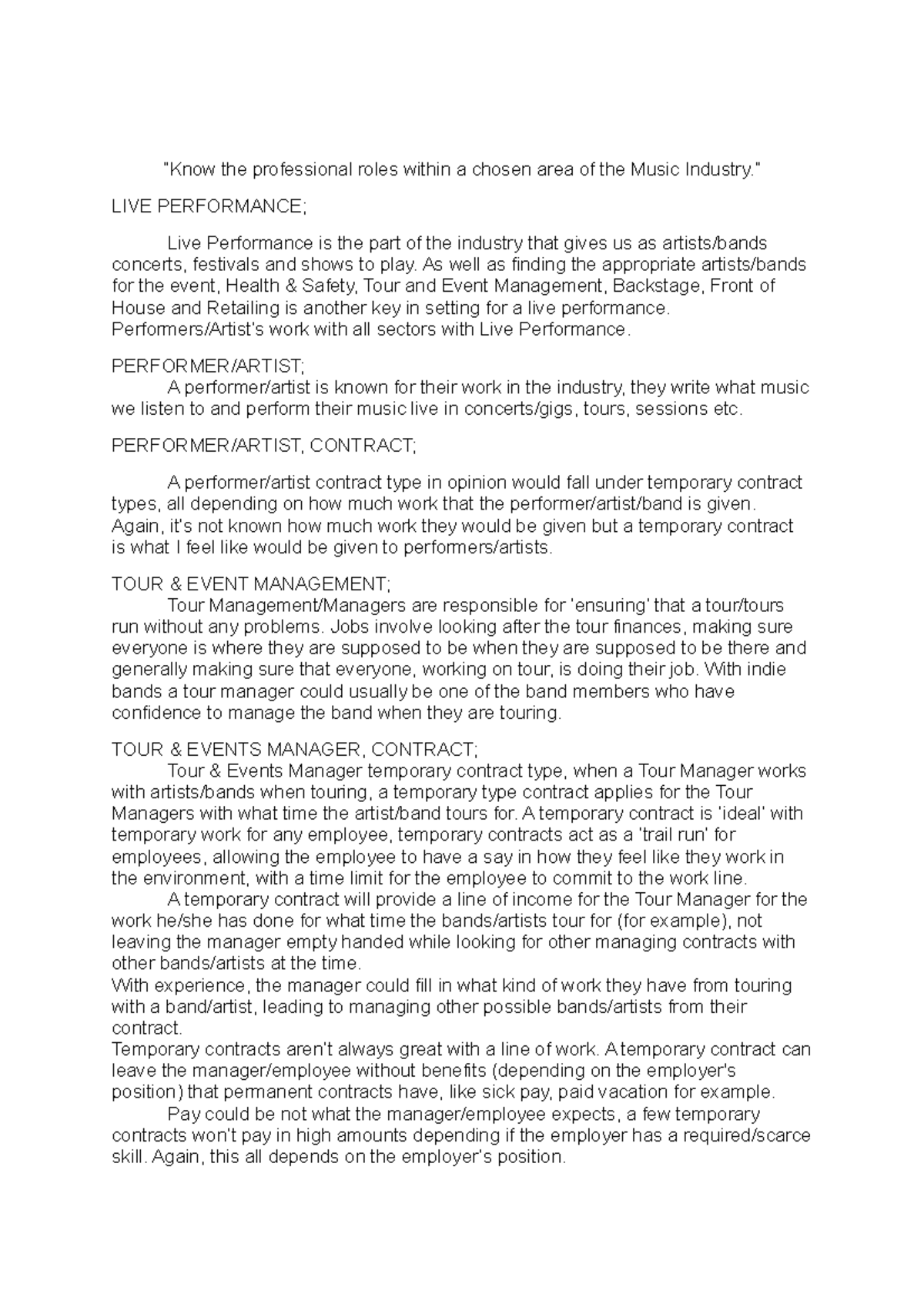 Roles of the Music Industry - “Know the professional roles within a ...