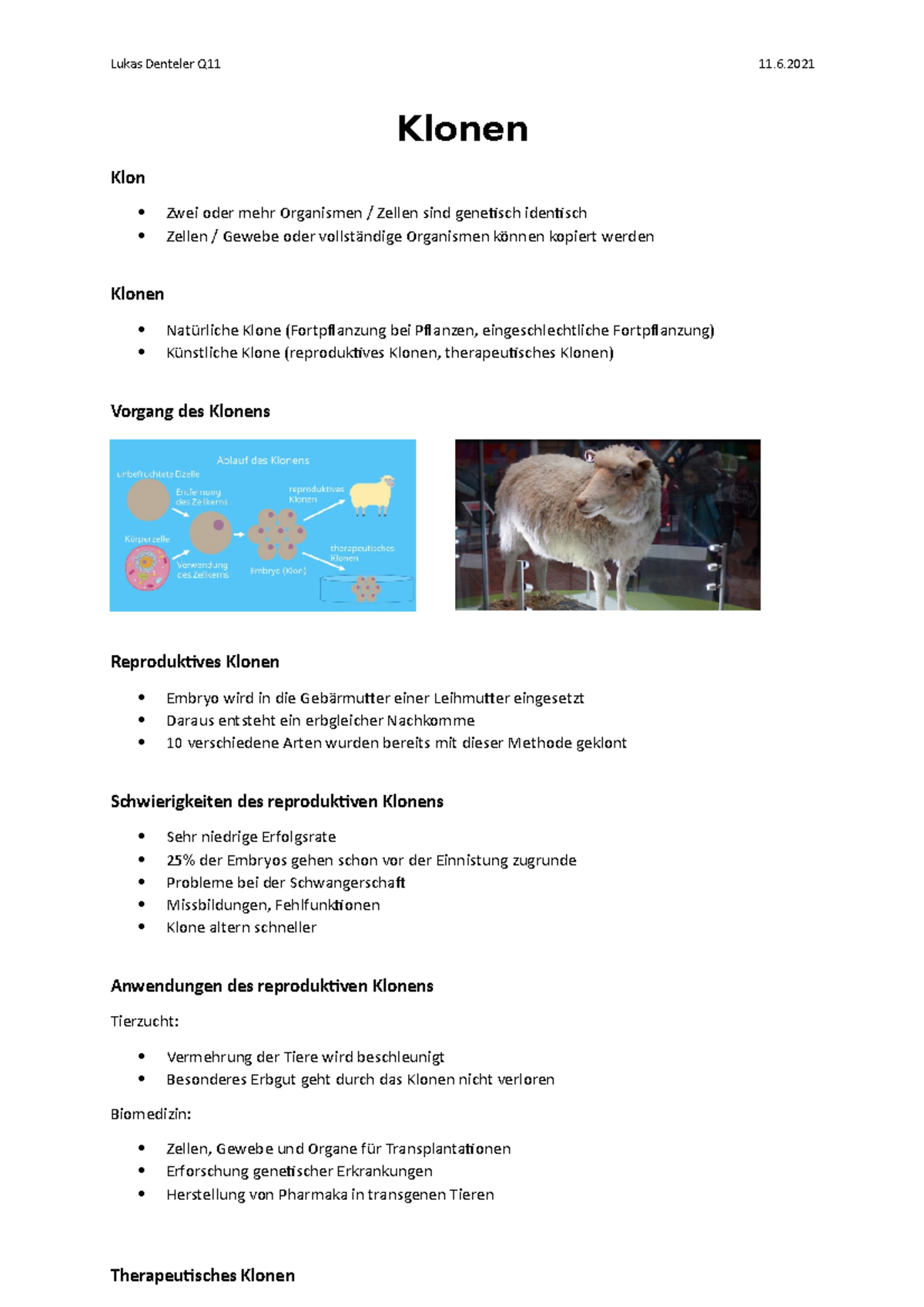 Vorgänge, Schwierigkeiten und Anwendungen des Thema Klonen - Lukas ...