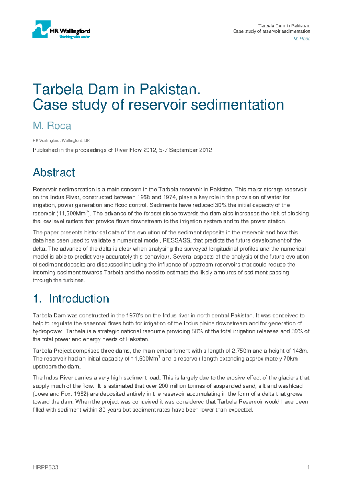 HRPP533 Tarbela Dam in Pakistan - Case study of reservoir sedimentation ...