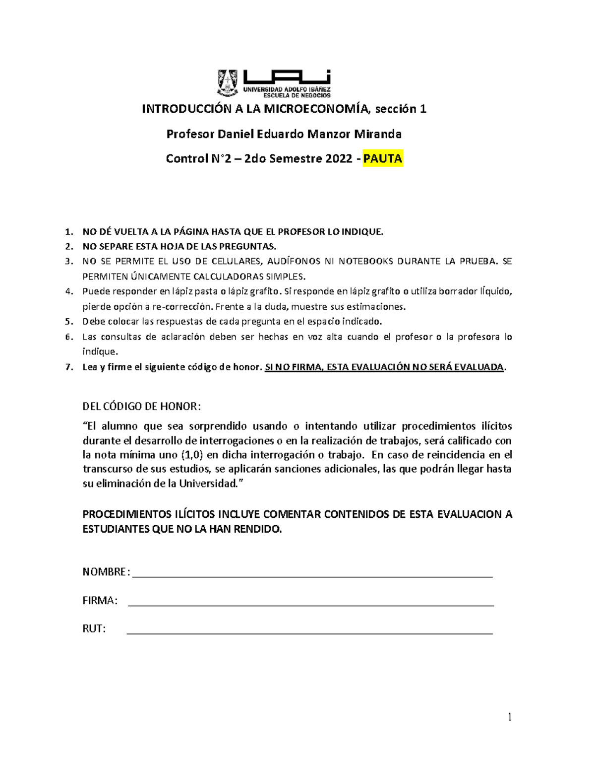 2022 2S Intro a la Microeconomía sec1 - Control N°2 - Pauta - 1 INTRODUCCIÓN A LA MICROECONOMÍA ...