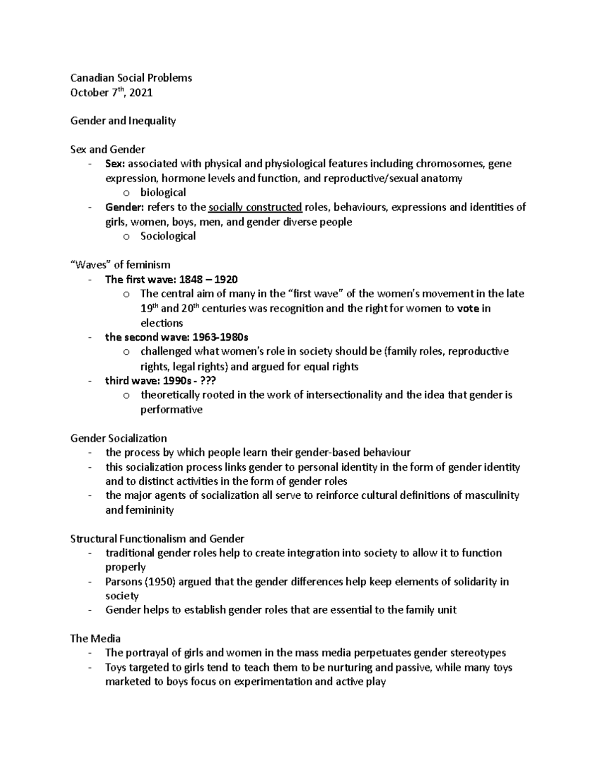 Gender and inequality - Canadian Social Problems October 7th, 2021 ...