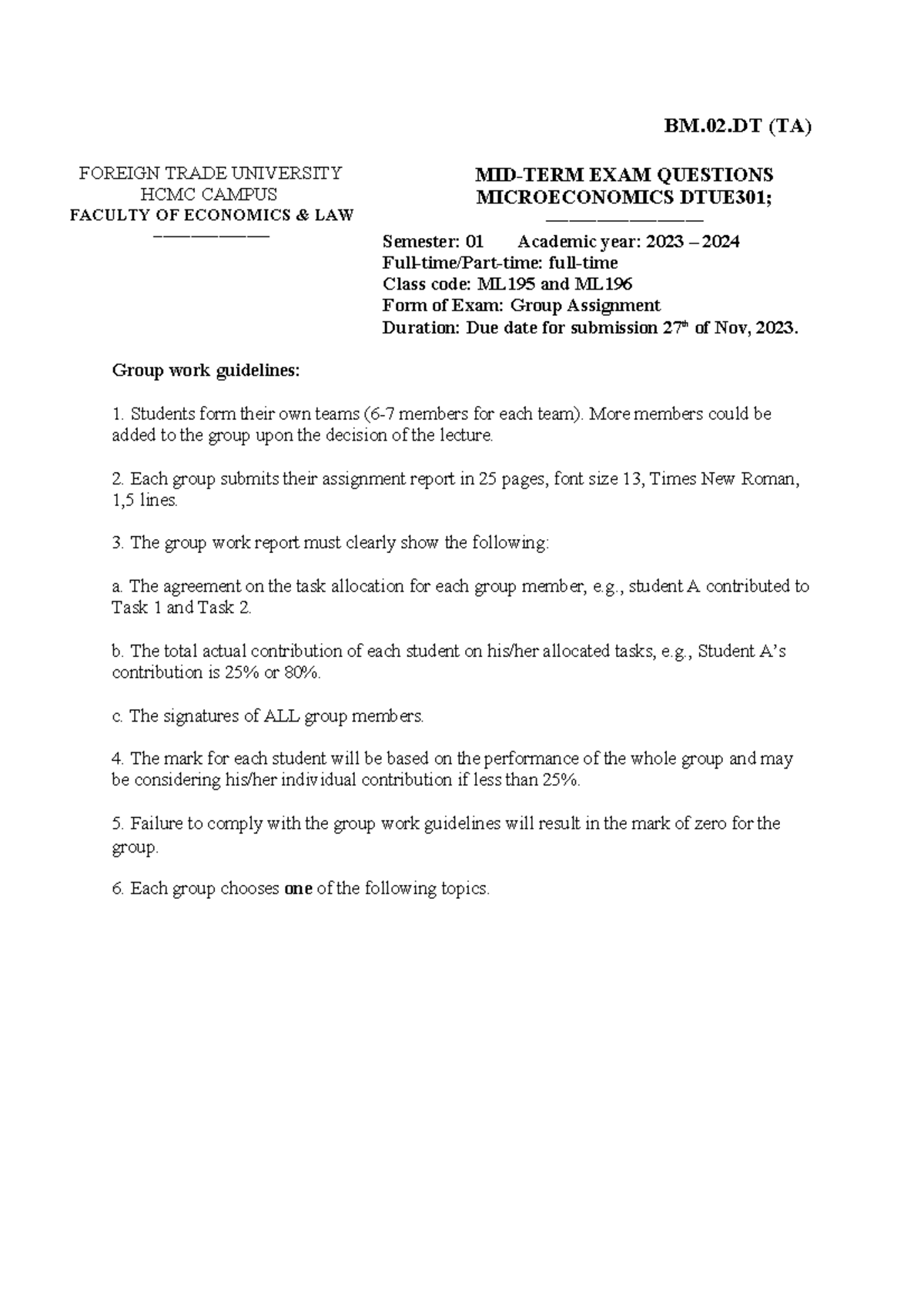 QLKT-Midterm-Assignment - BM.02 (TA) FOREIGN TRADE UNIVERSITY HCMC CAMPUS FACULTY OF ECONOMICS ...