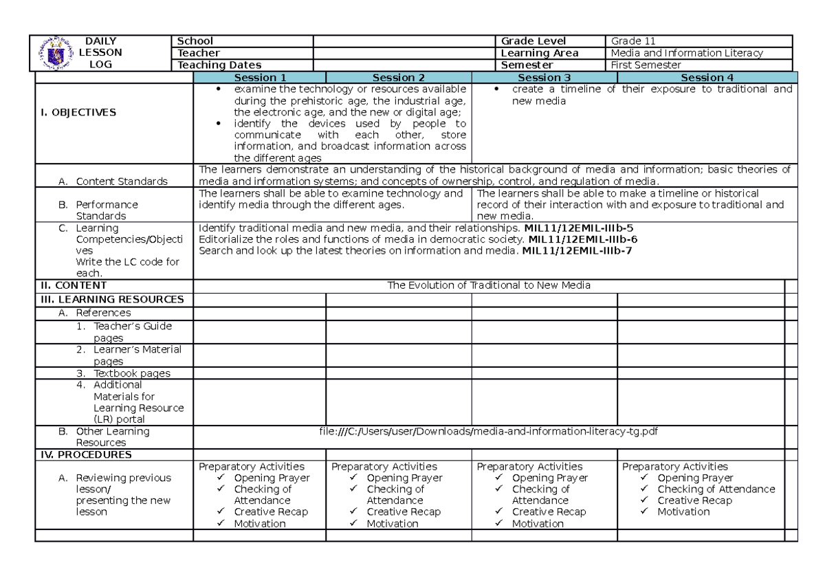 Lesson Plan in Media and Information Literacy - DAILY LESSON LOG School ...