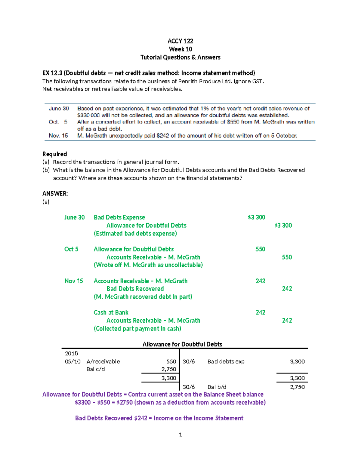 ACCY122 Tut11 Receivables Win2024 - ACCY 122 Week 10 Tutorial Questions & Answers EX 12 - Studocu