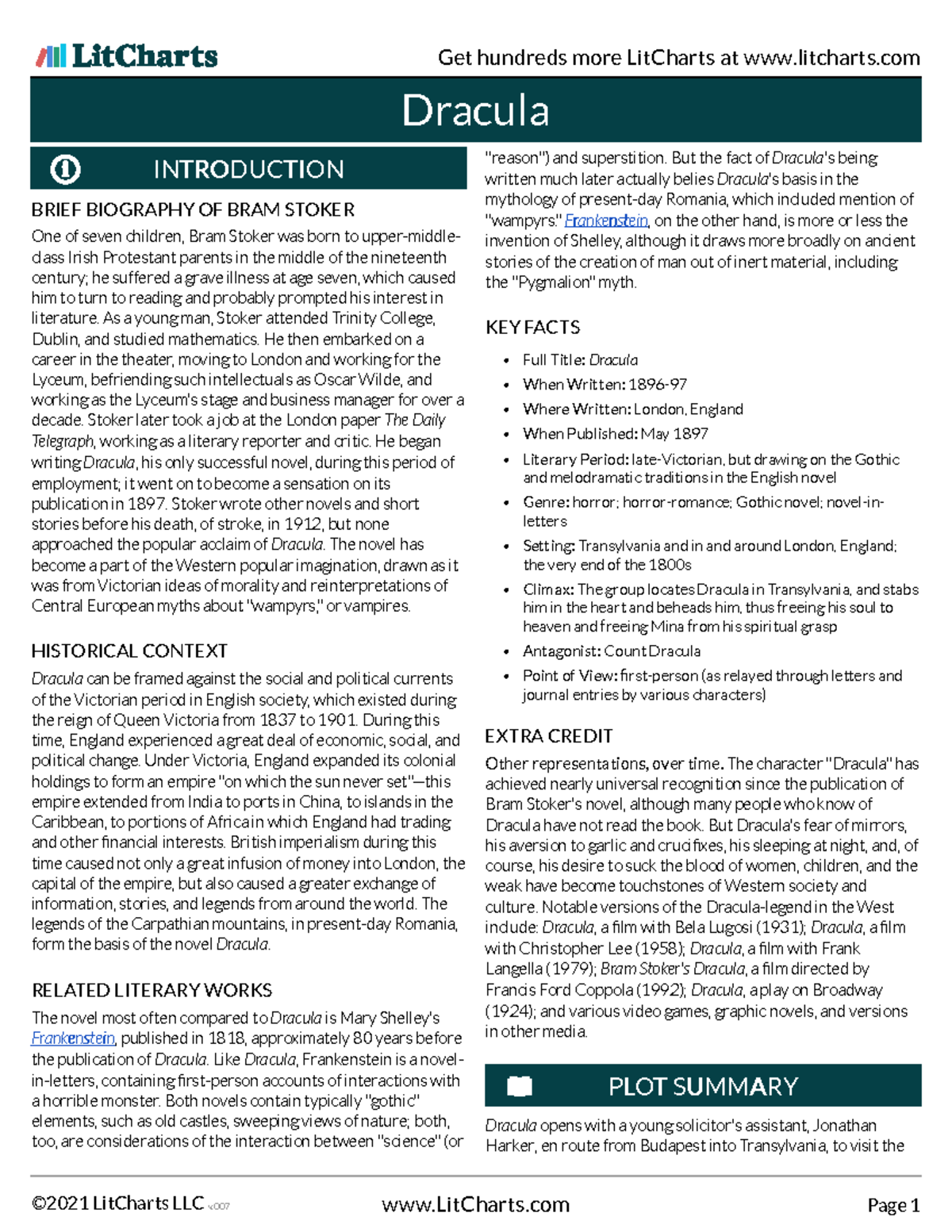 Dracula notes - Dracula BRIEF BIOGRAPHY OF BRAM STOKER One of seven ...