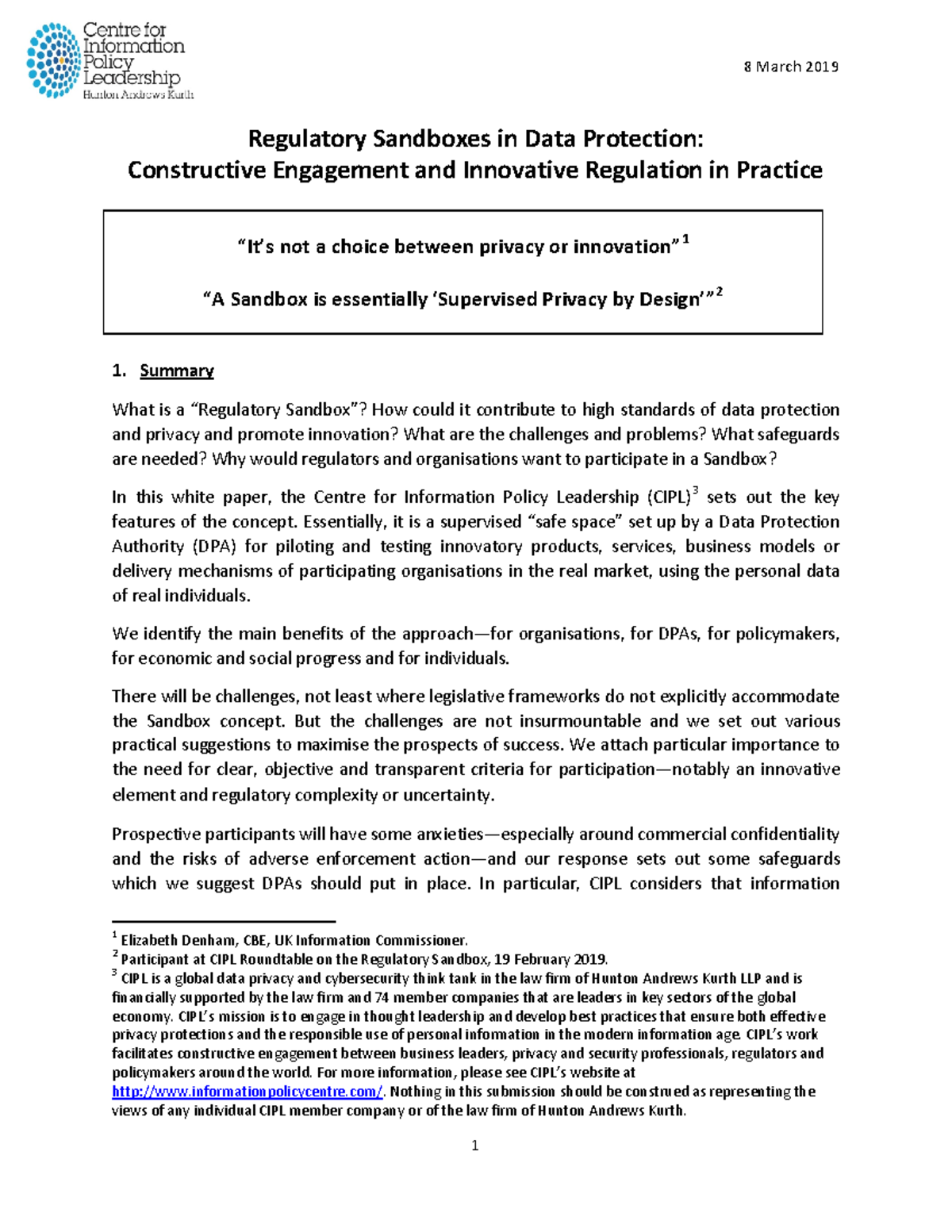 CIPL white paper - Regulatory Sandboxes in Data Protection ...