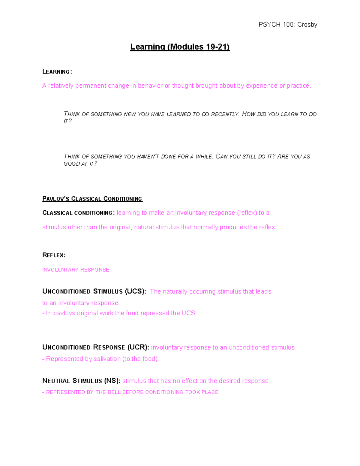 PSYCH 100 Learning Student - Learning (Modules 19-21) LEARNING: A ...