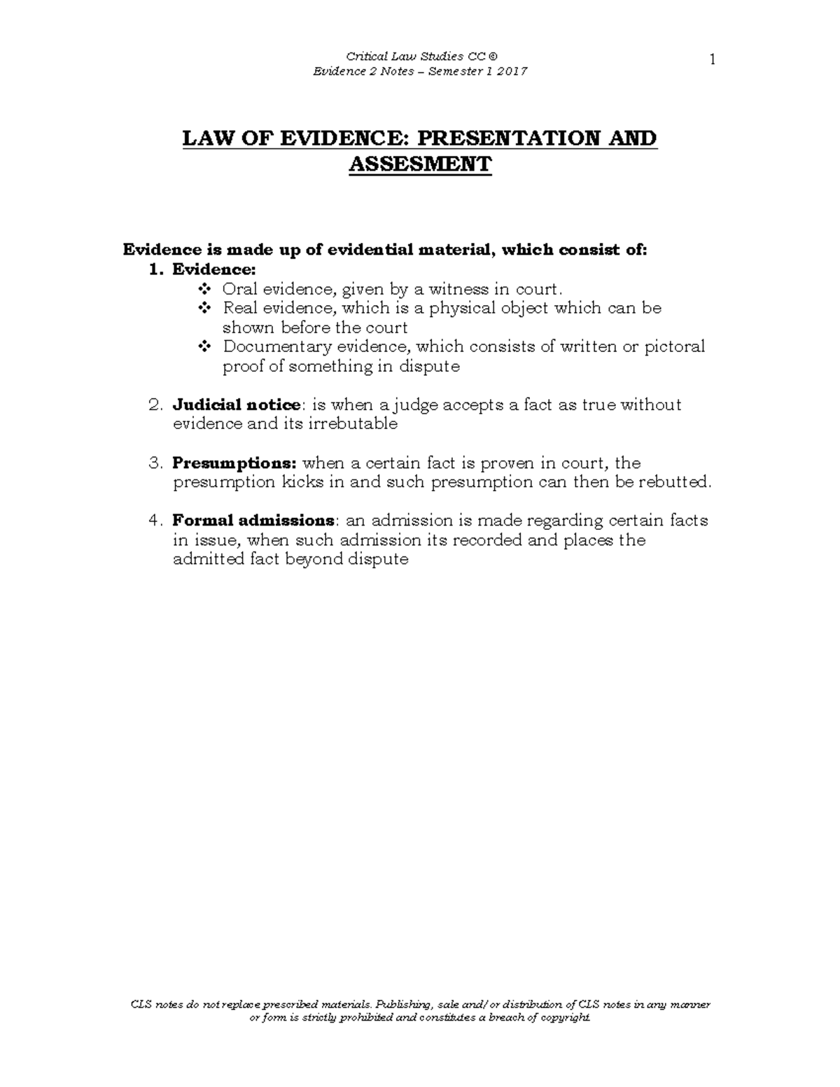Evidence 2 Notes 2017 - Evidence 2 Notes – Semester 1 2017 CLS notes do ...