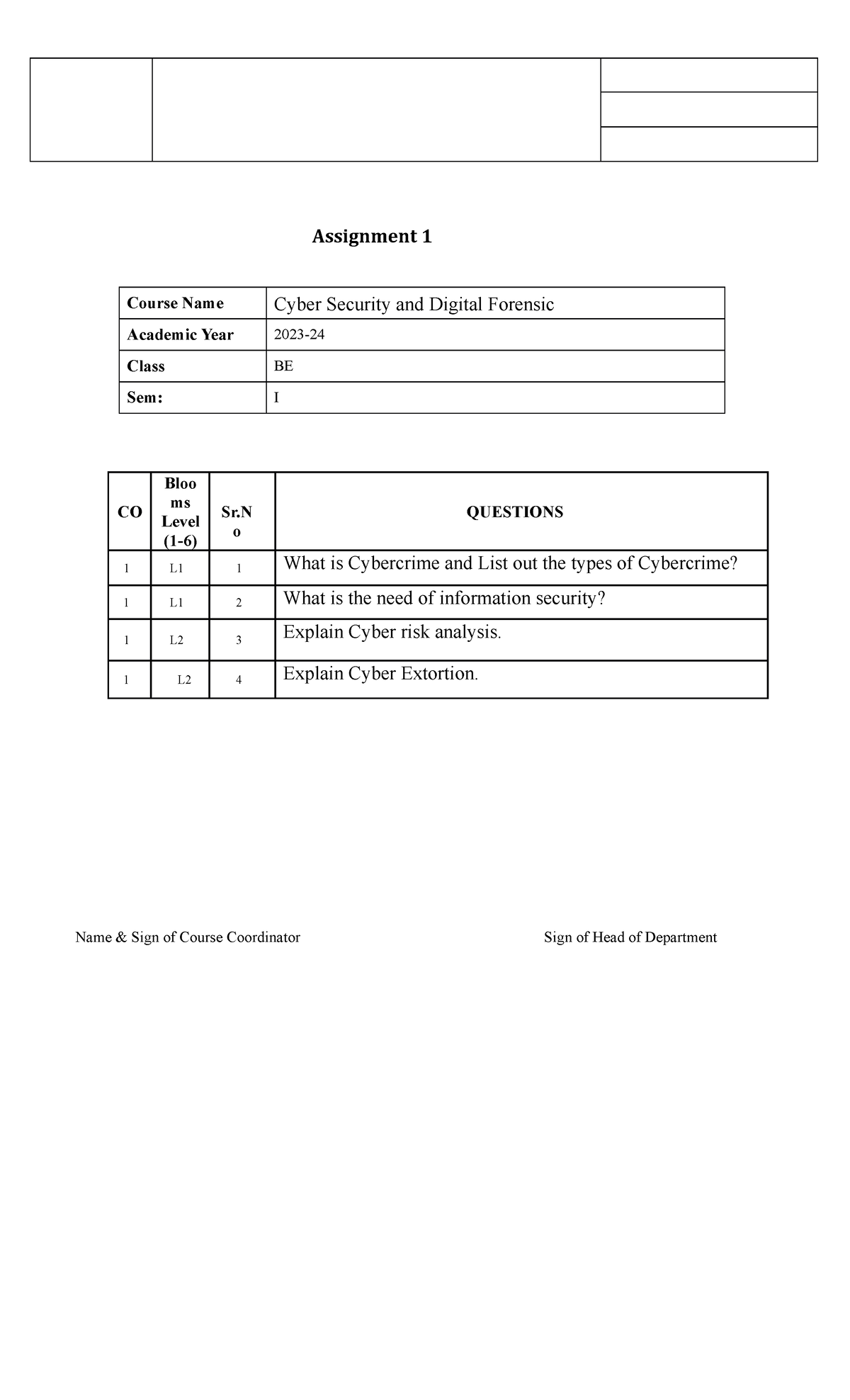 Assignments of CSDF - Course Name Cyber Security and Digital Forensic Academic Year 2023- Class ...