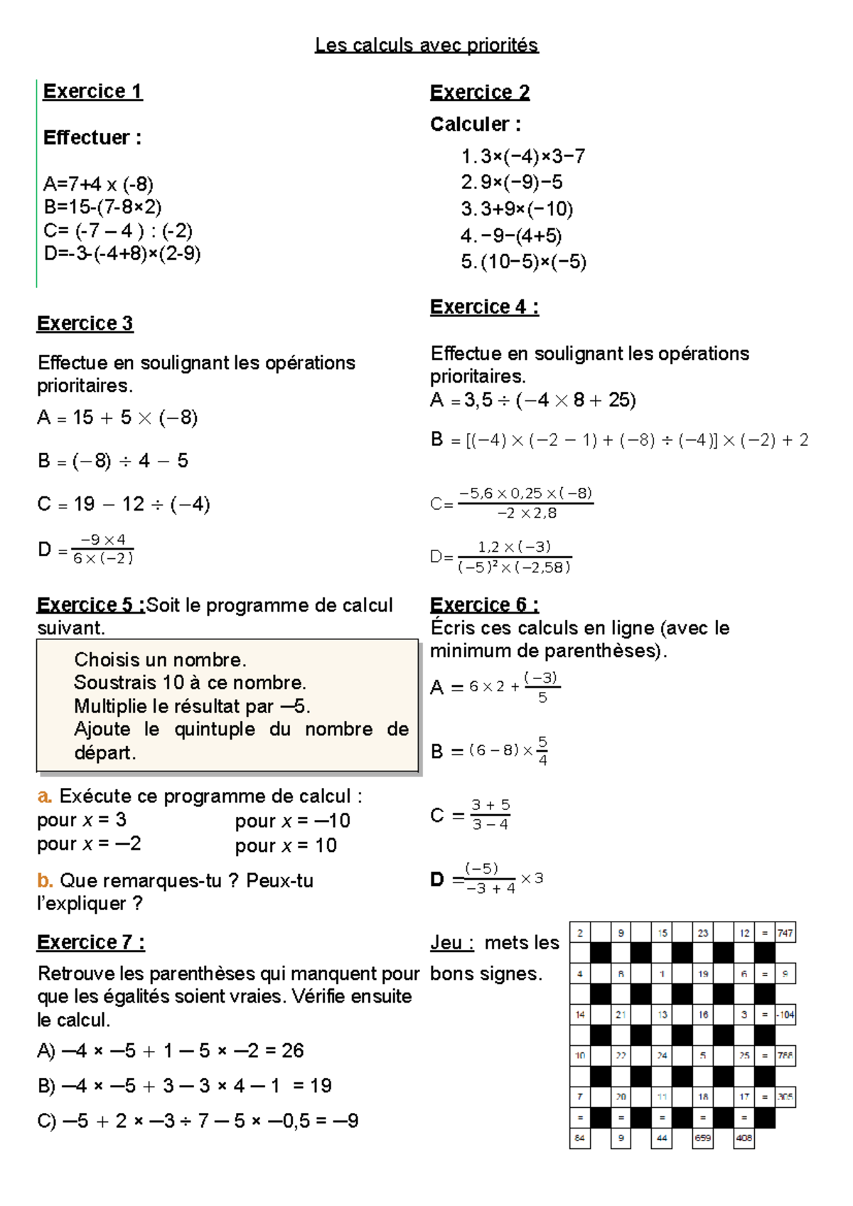 Calculs avec priorité - devoir sur les maths - Les calculs avec ...