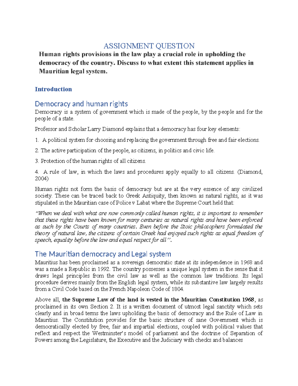 Human Rights and Democracy in Mauritius - ASSIGNMENT QUESTION ...
