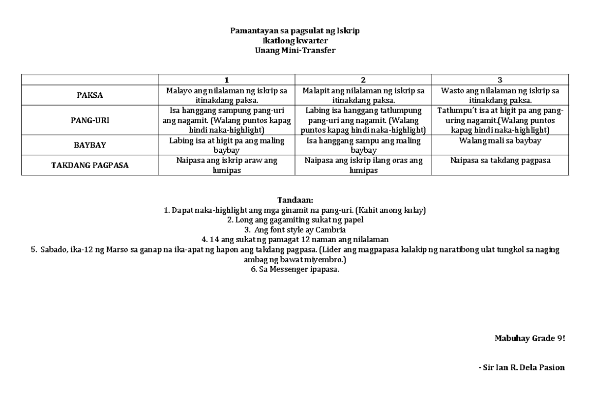 Pamantayan SA Unang MINI Transfer Ikatlong Kwarter - Pamantayan sa ...