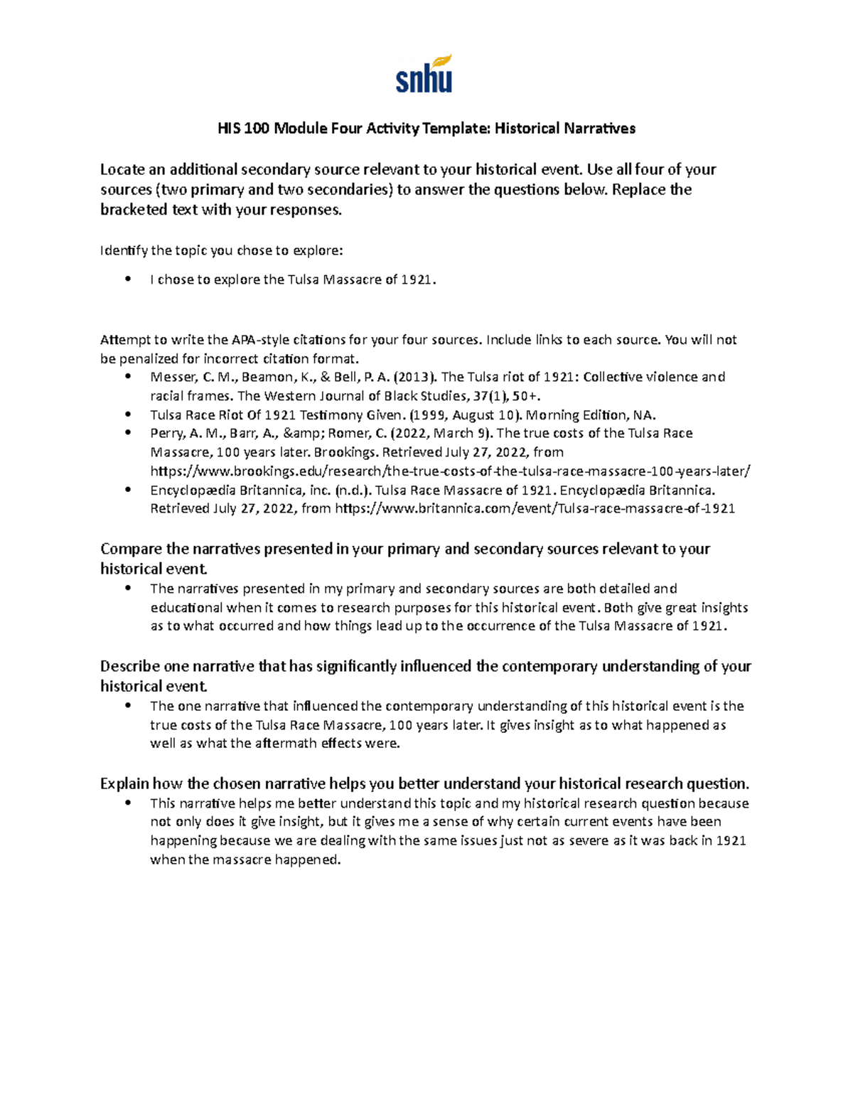 HIS 100 Module Four Activity Narratives Template - HIS 100 Module Four ...