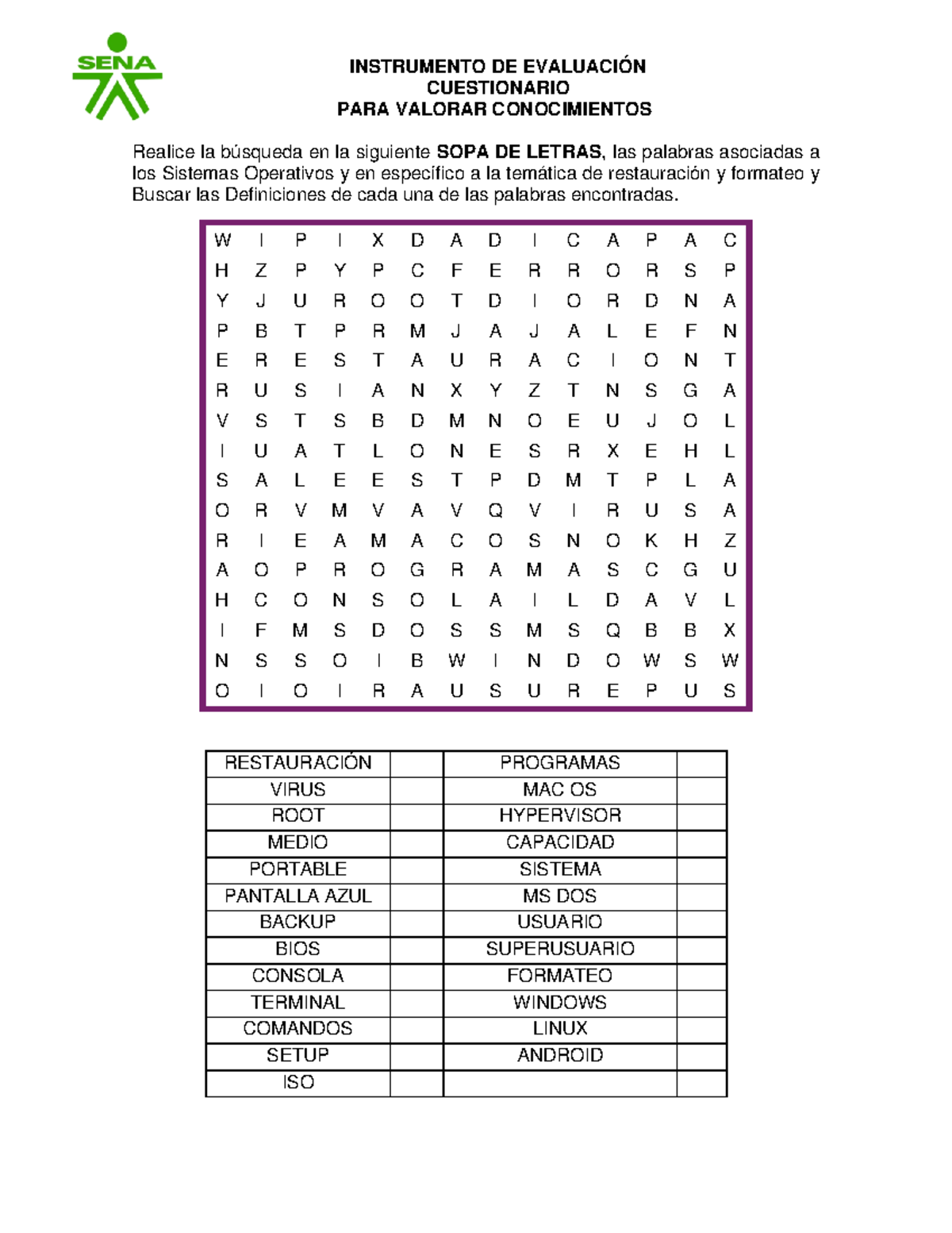 Instrumento DE Evaluación Sopa De Letras 2024 - INSTRUMENTO DE ...