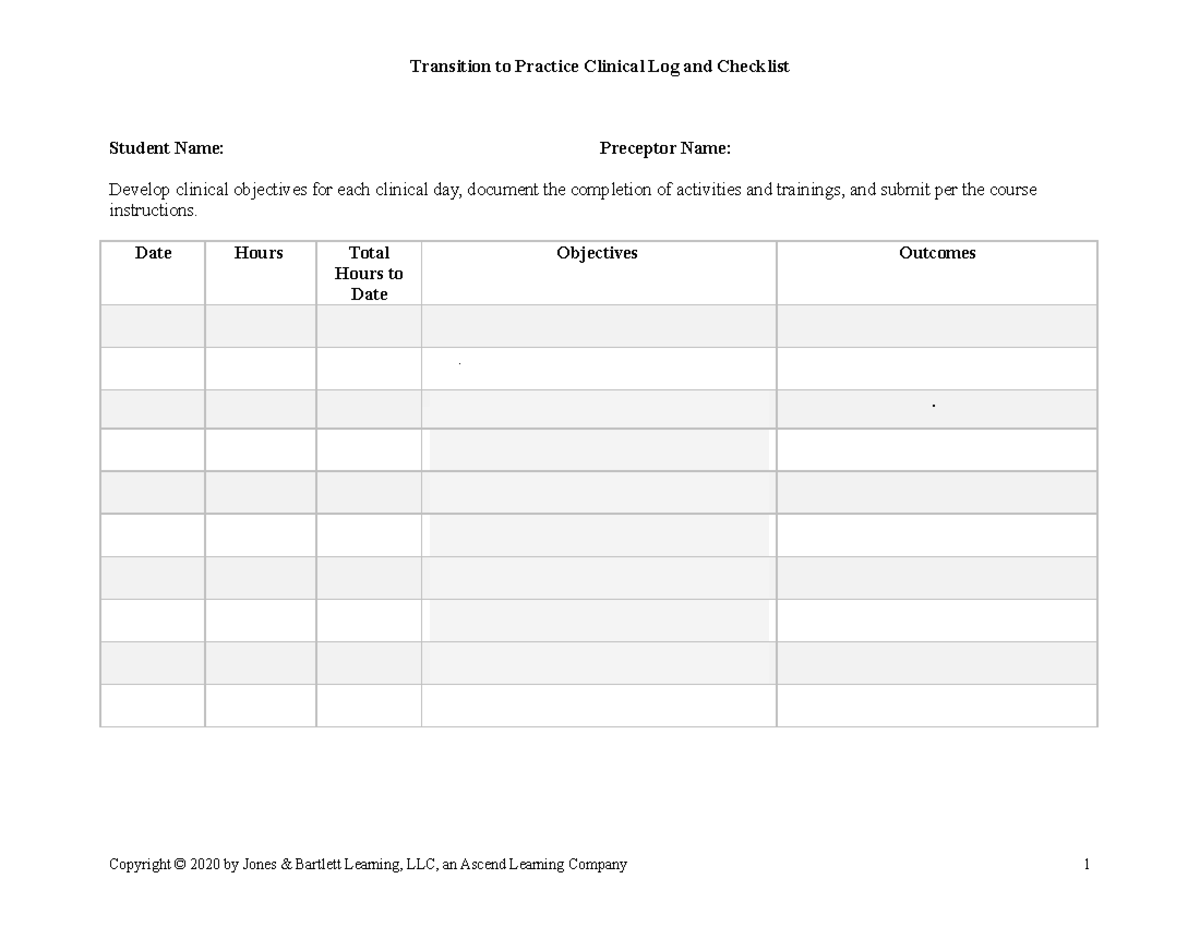 Clinical Log and Checklist - Transition to Practice Clinical Log and ...