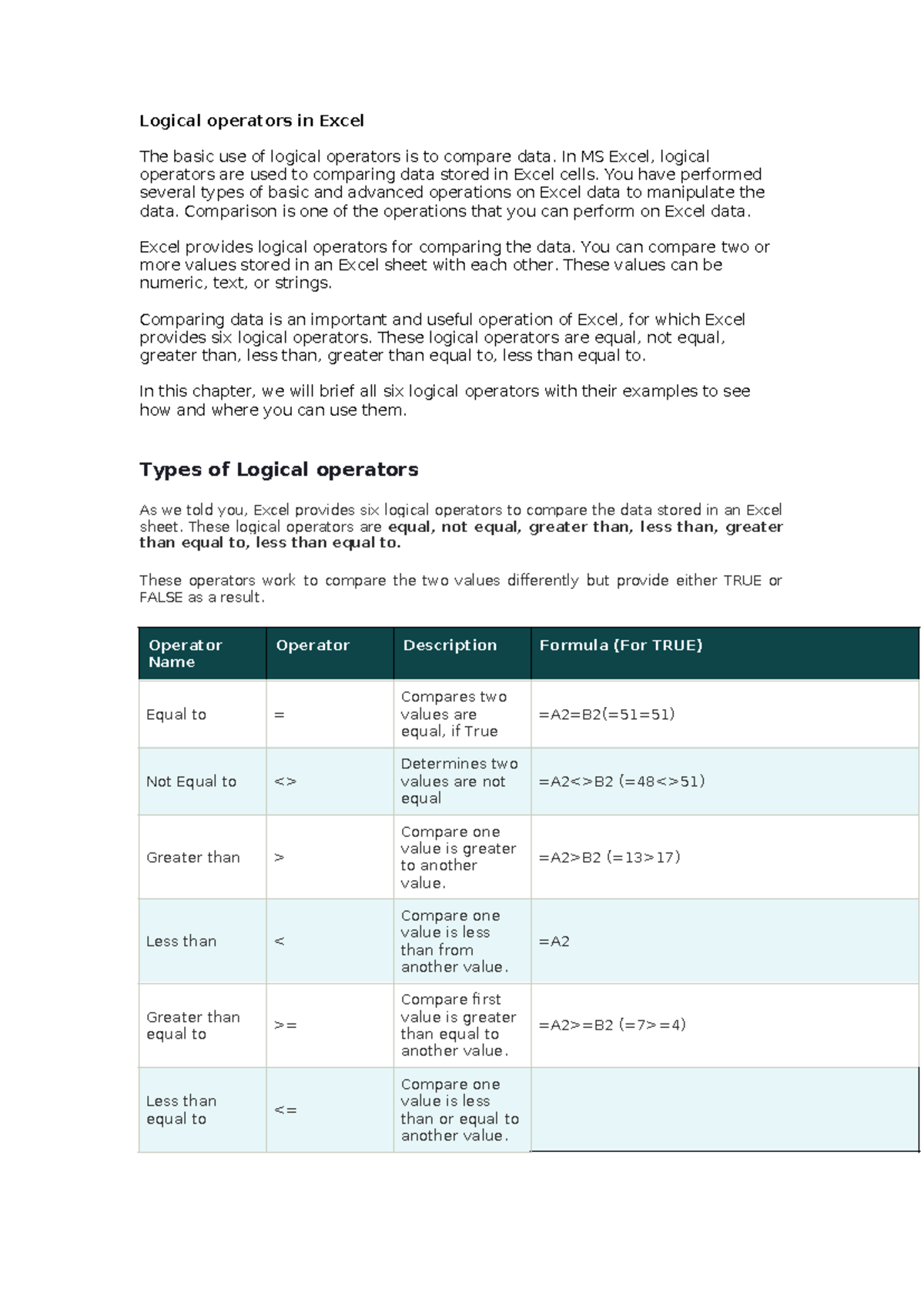 Logical operators in Excel - In MS Excel, logical operators are used to comparing data stored in ...
