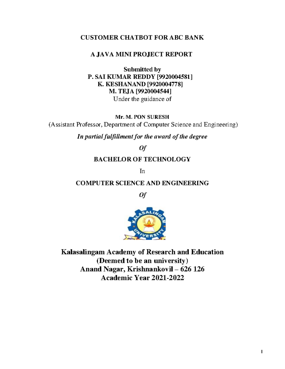 Mini project report-1-1-14 - CUSTOMER CHATBOT FOR ABC BANK A JAVA MINI ...