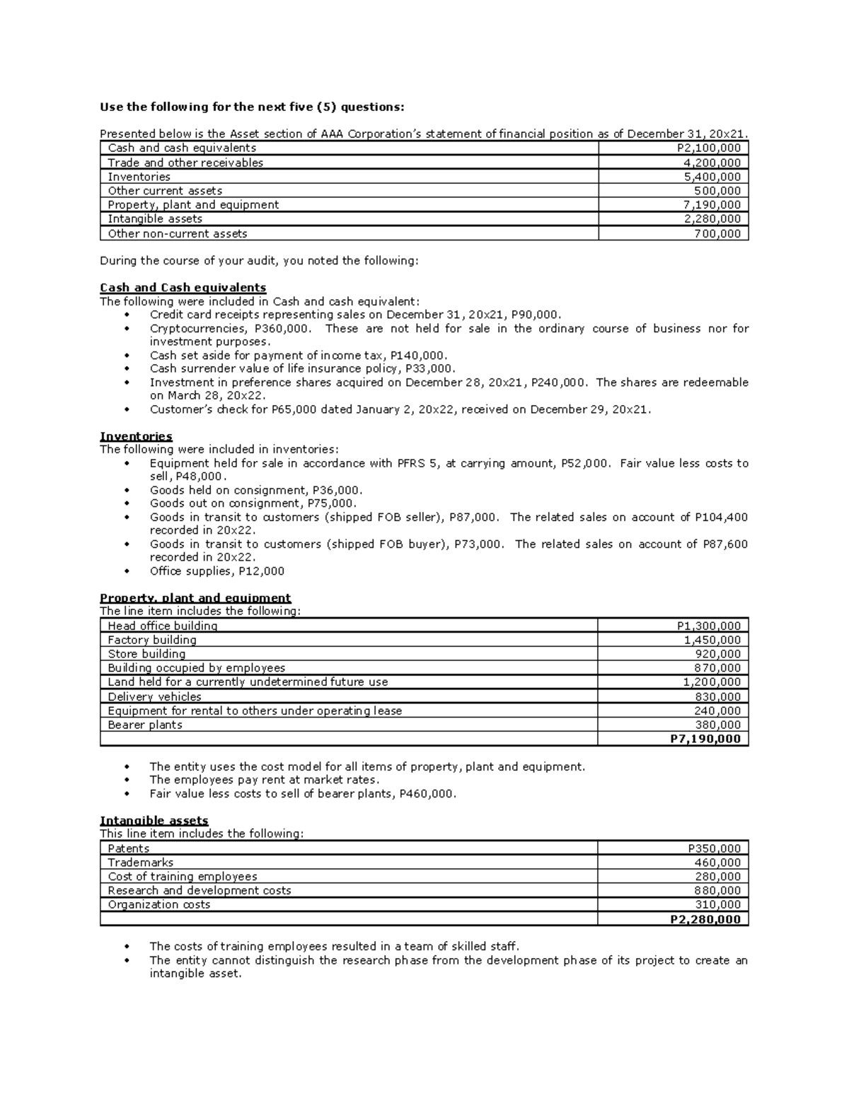 Financial Statements Problems - Use the following for the next five (5 ...