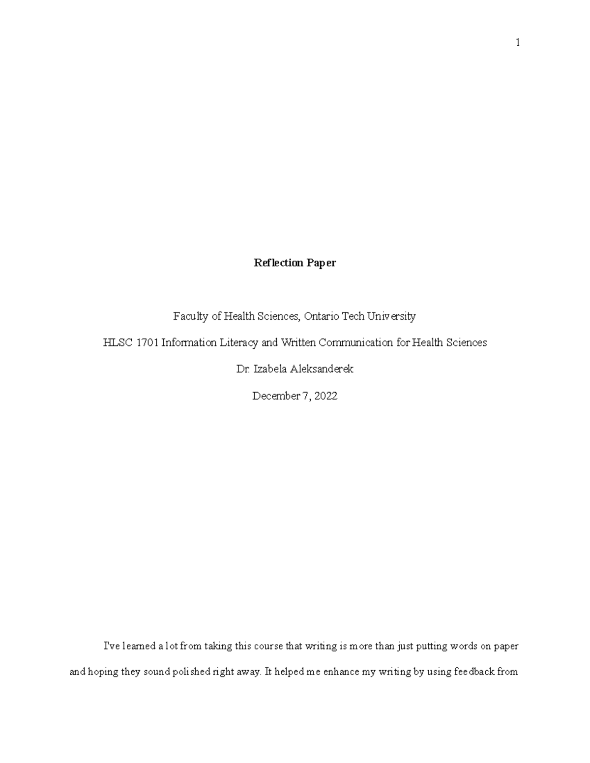 Reflection Paper 5% - 1 Reflection Paper Faculty of Health Sciences ...