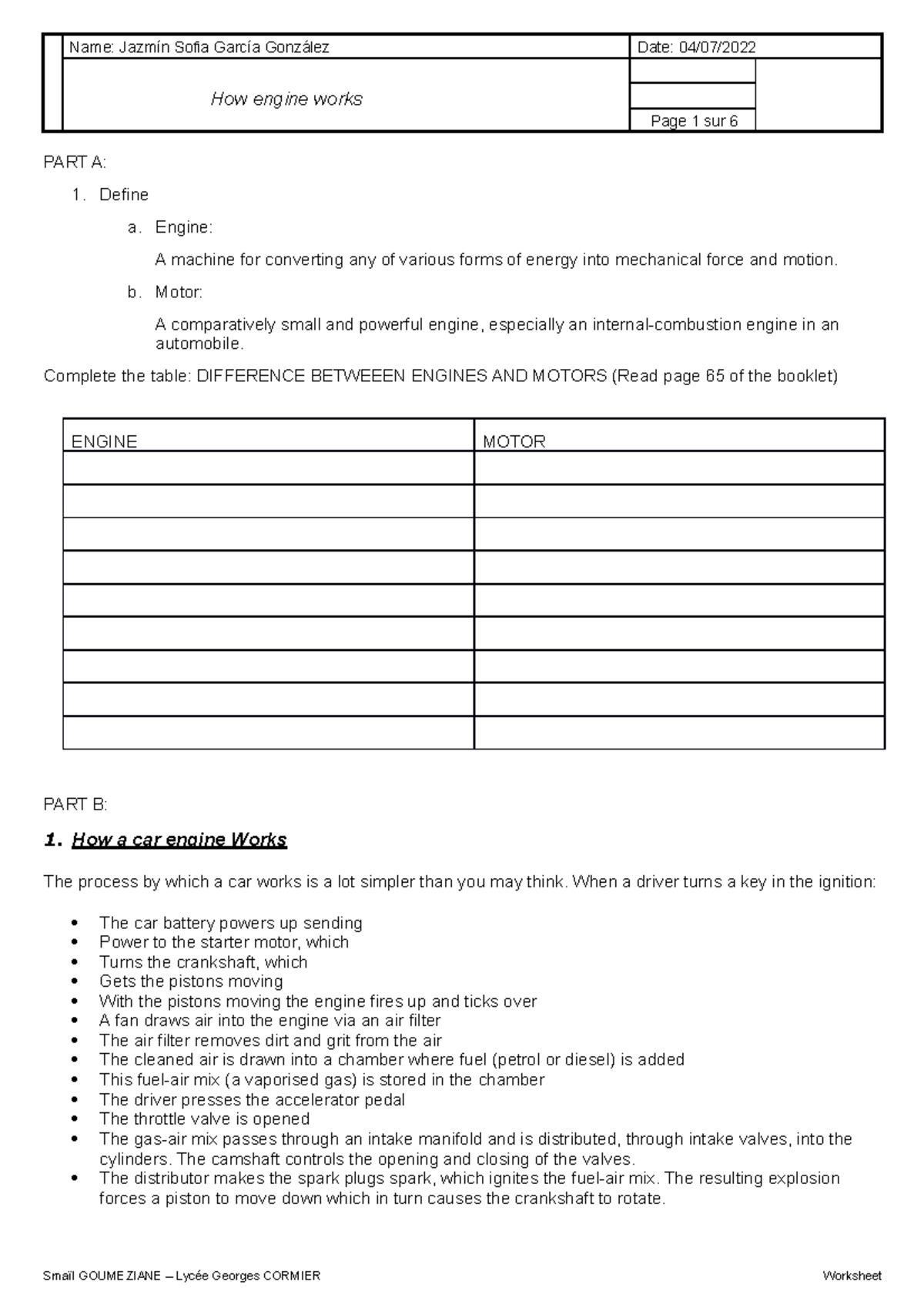 Task 14 Engine and motors worksheet - PART A: Define a. Engine: A ...