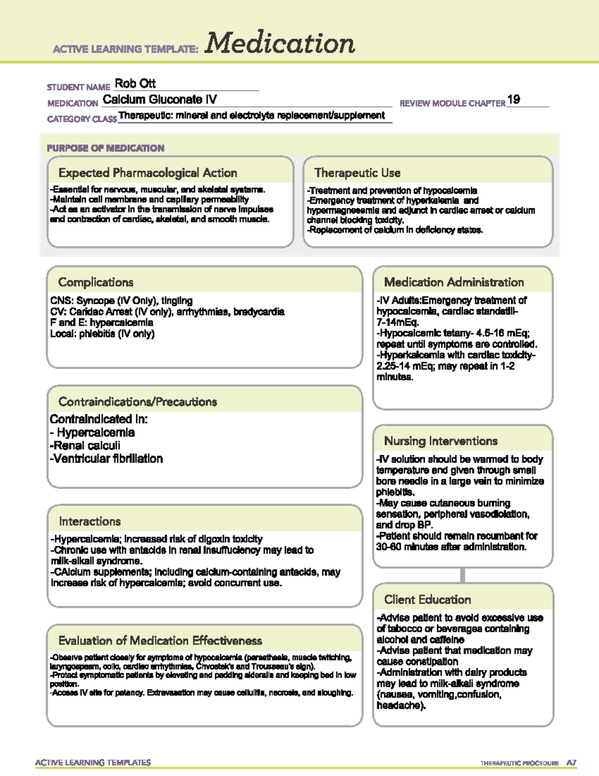 Med Card Calcium gluconate - NSG 210 - Studocu