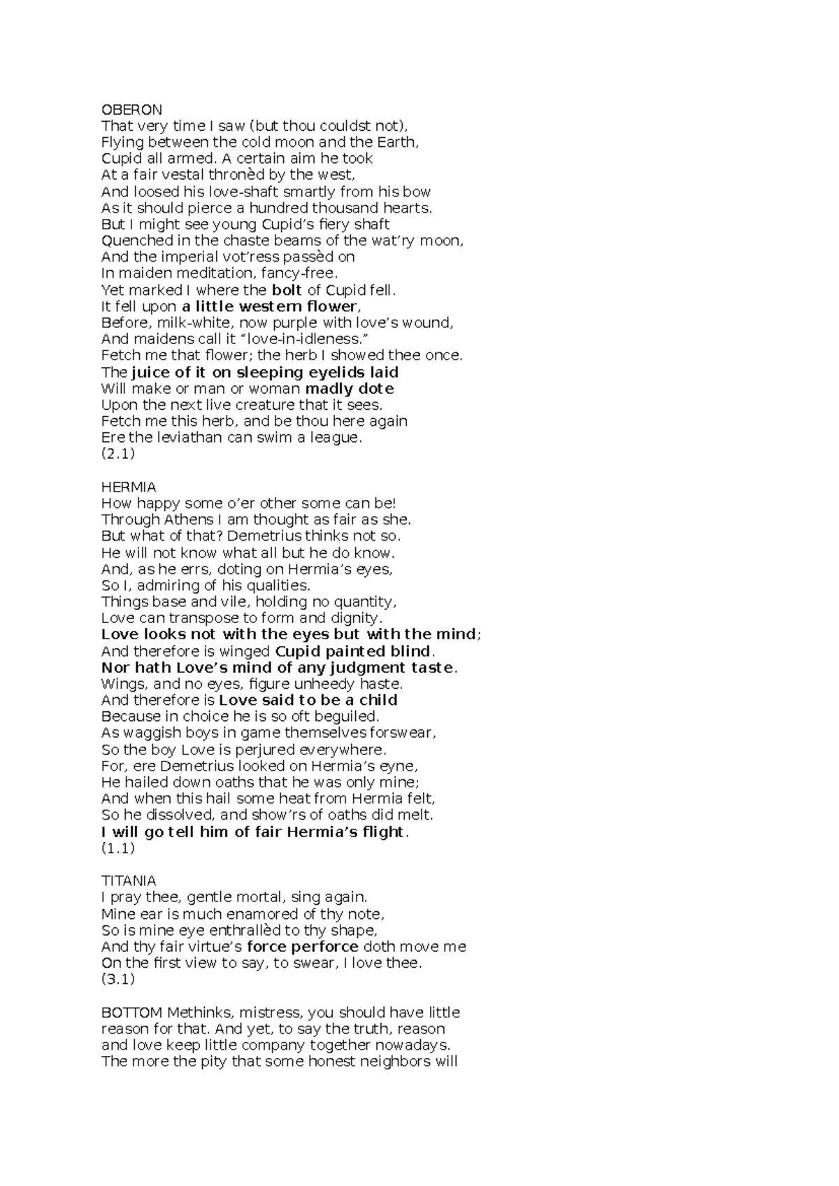 Midsummer nights dream quote sheet - OBERON That very time I saw (but ...