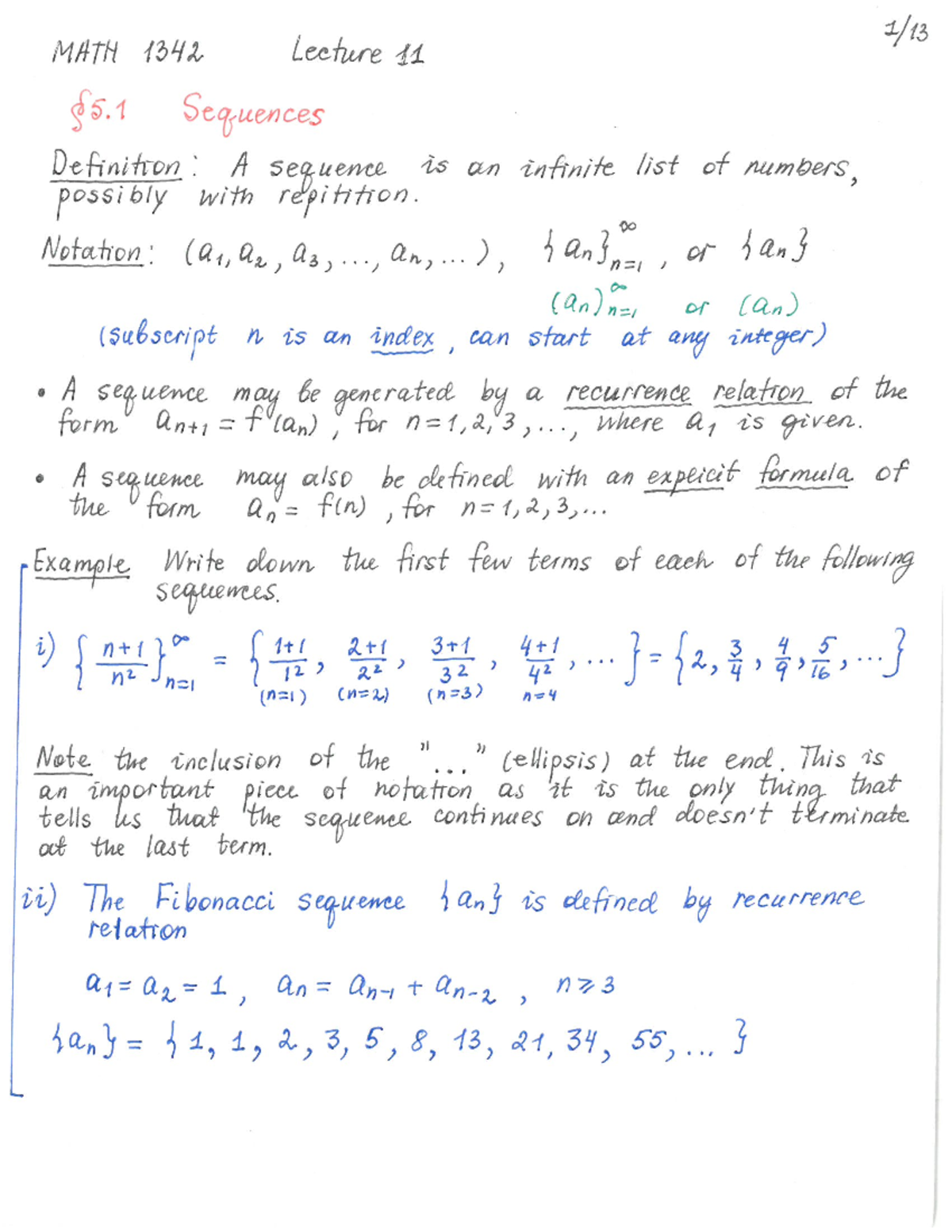 1342 Lecture 11 Sequences - ws MATH 1342 leeture 44. 13 5 1 mee ces Definitron sep uenee is an ...