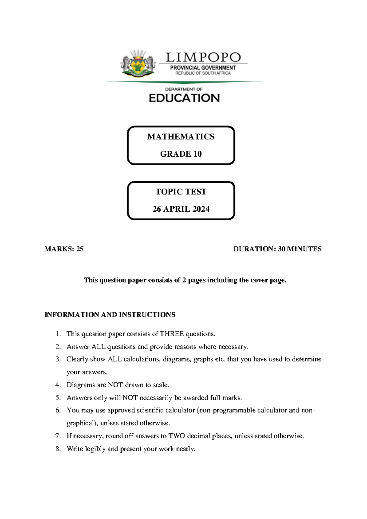 Maths Grade 10 Topic TEST 3 26 APR 2024 - MARKS: 25 DURATION: 30 ...