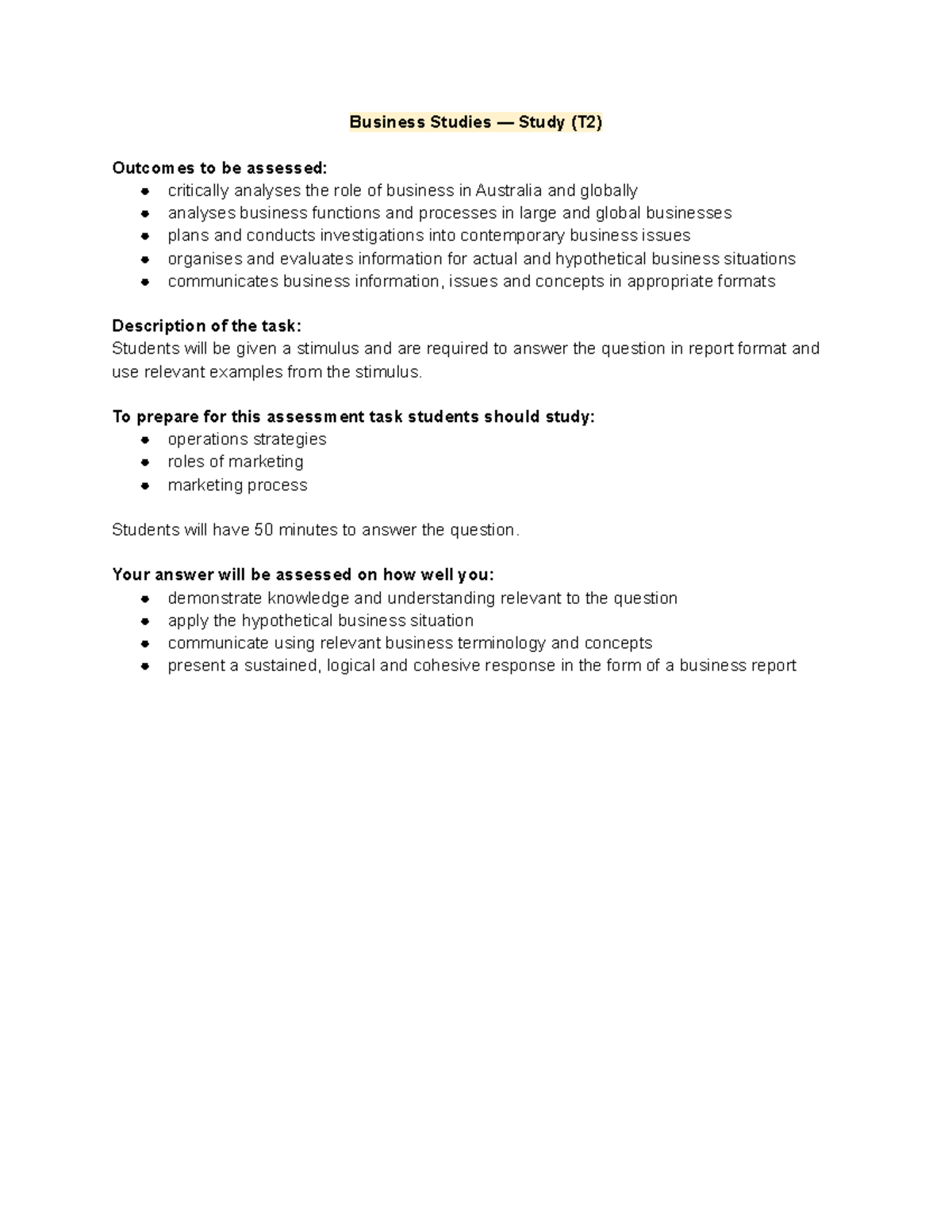 Business Studies Study T2 - Business Studies — Study (T2) Outcomes to ...