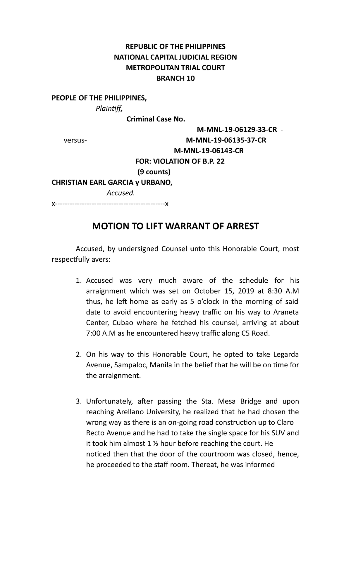 Christian Garcia - Motion to Lift - Warrant of Arrest - REPUBLIC OF THE ...