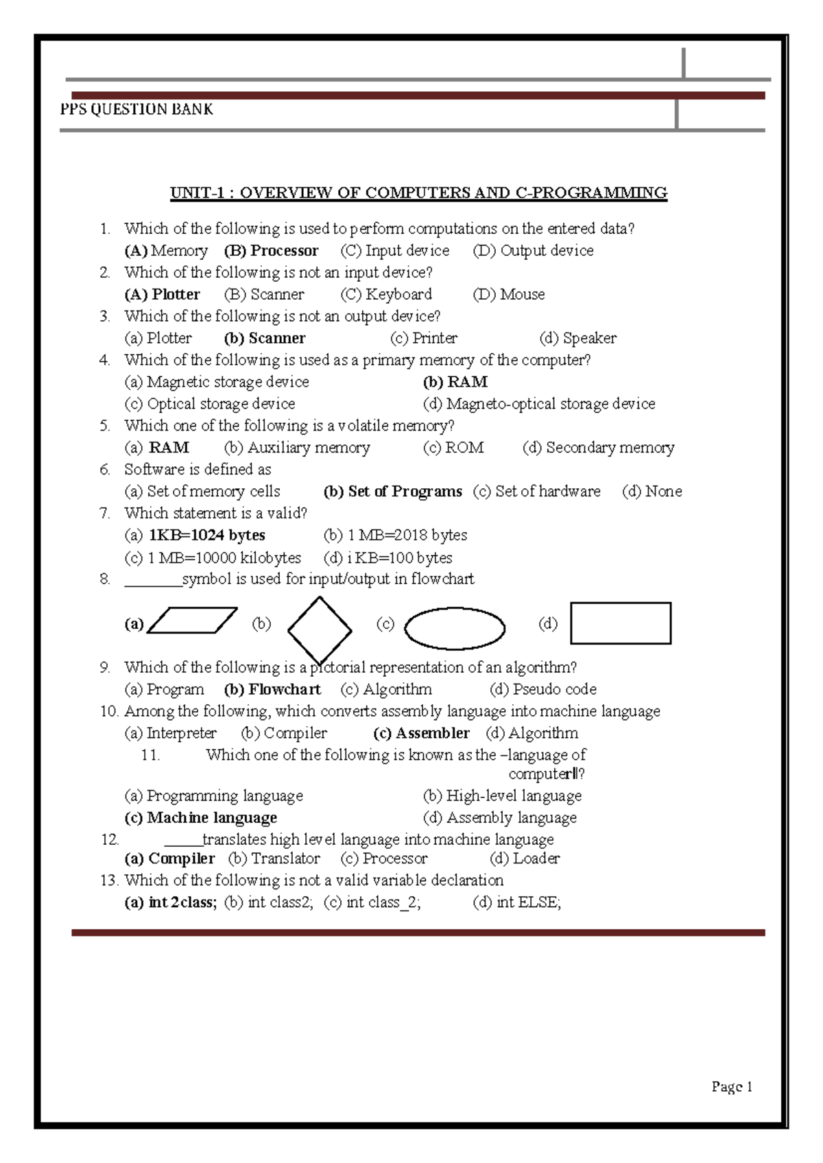 21CSS101J - PPS -Question Bank - UNIT-1 : OVERVIEW OF COMPUTERS AND C-PROGRAMMING Which of the ...