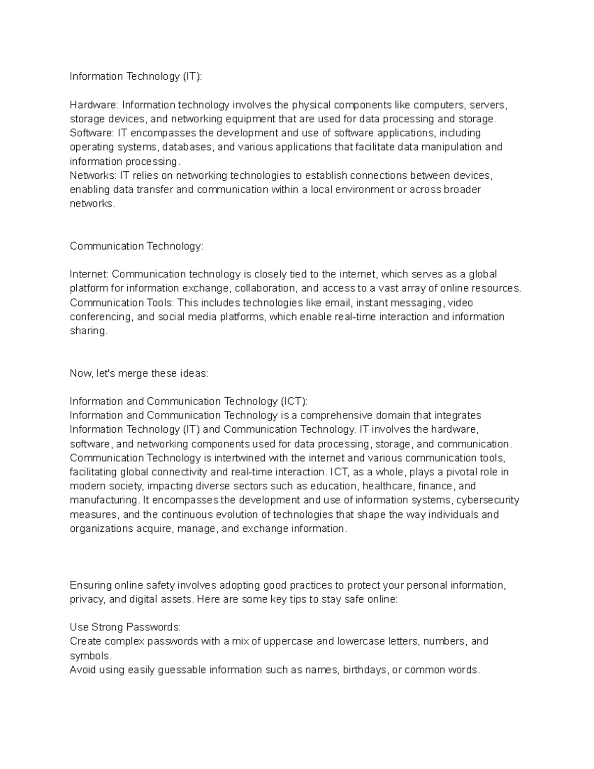 Introduction t ICT - Information Technology (IT): Hardware: Information ...