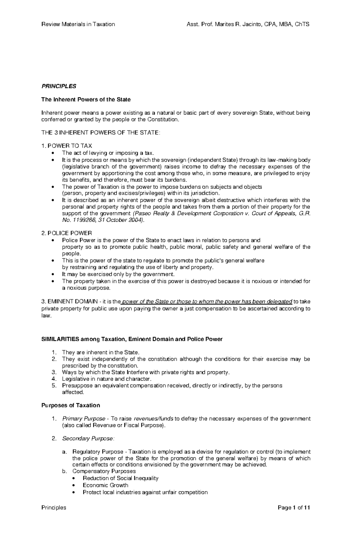 Principles Handouts - PRINCIPLES The Inherent Powers of the State ...