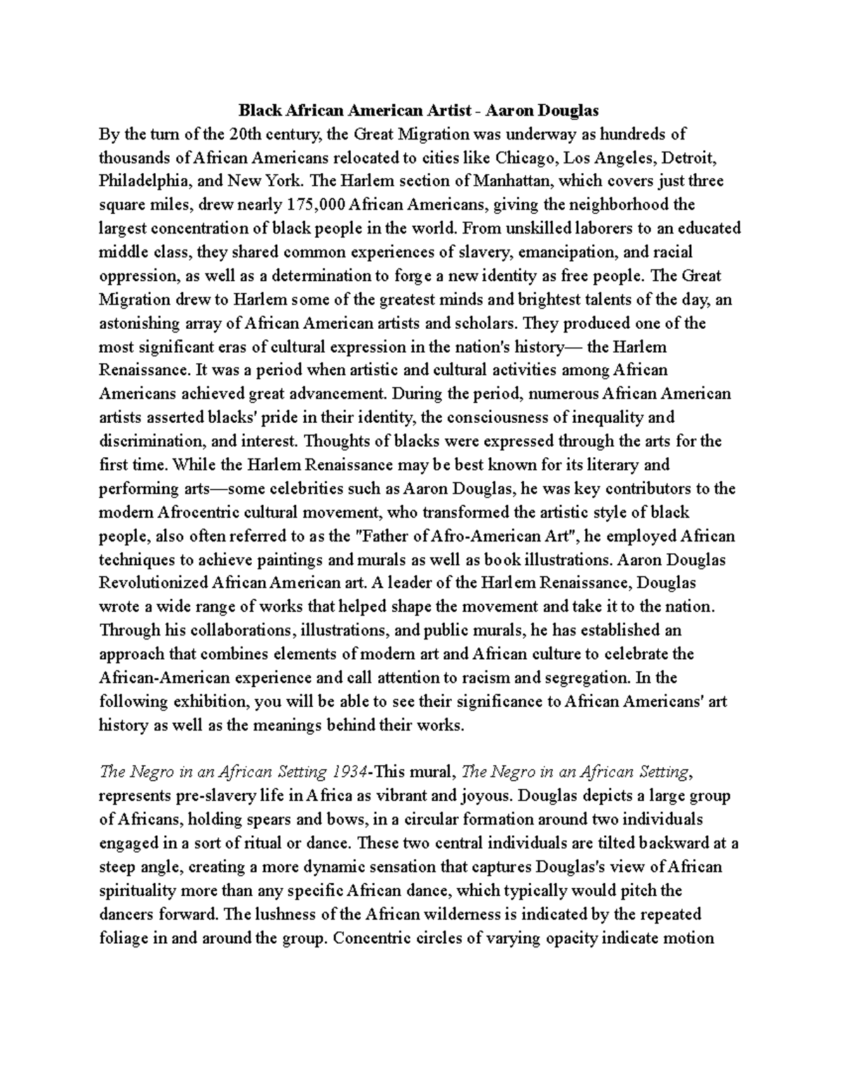 Black African American Artist - Aaron Douglas - The Harlem section of ...