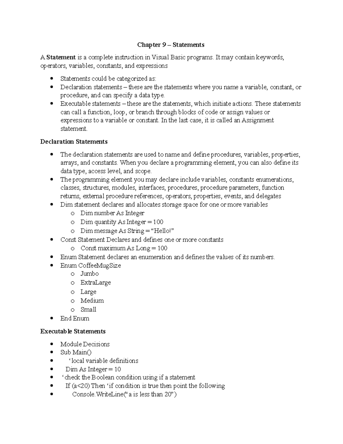 Chapter 9 - Statements Notes - Chapter 9 – Statements A Statement is a ...