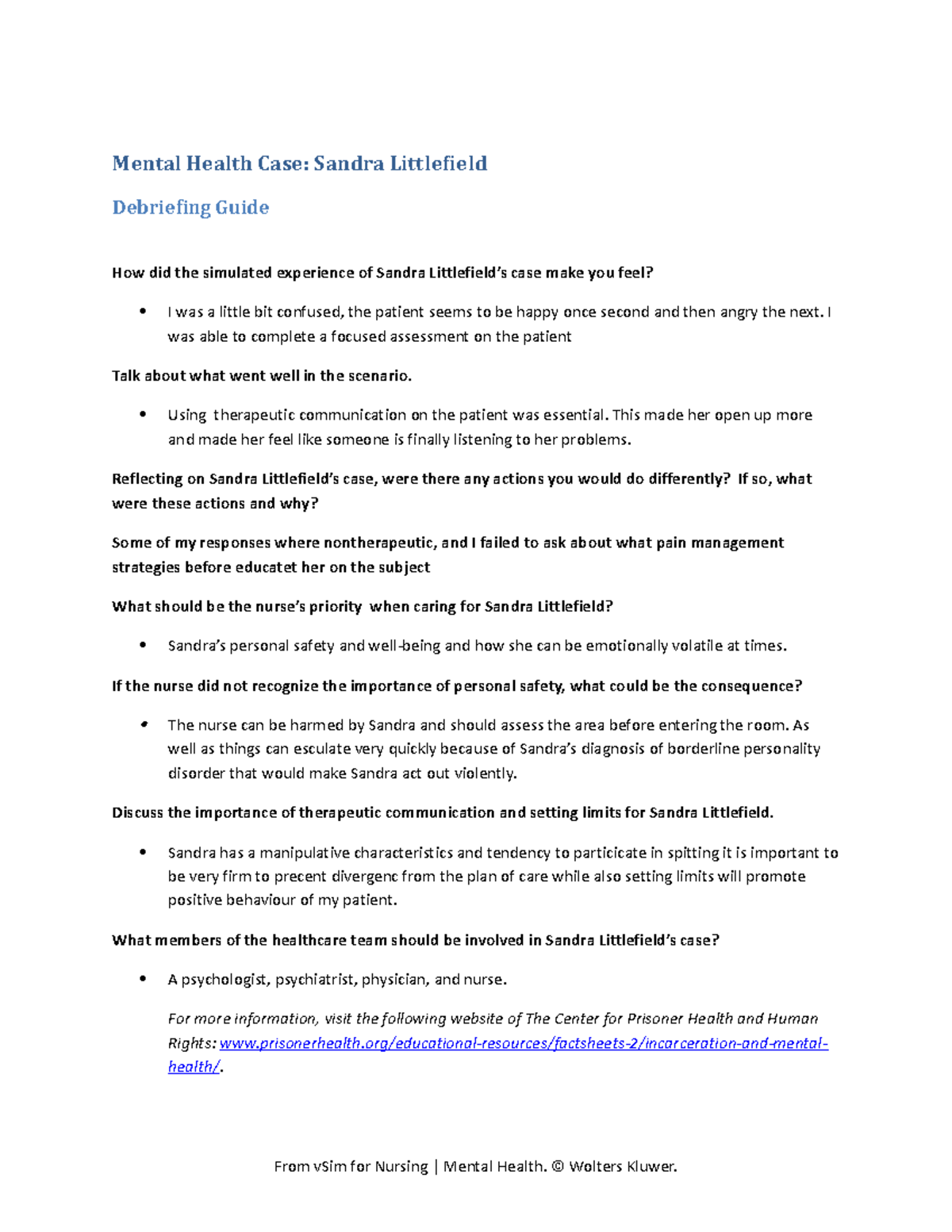 Sandra Littlefield Debrief - Mental Health Case: Sandra Littlefield ...