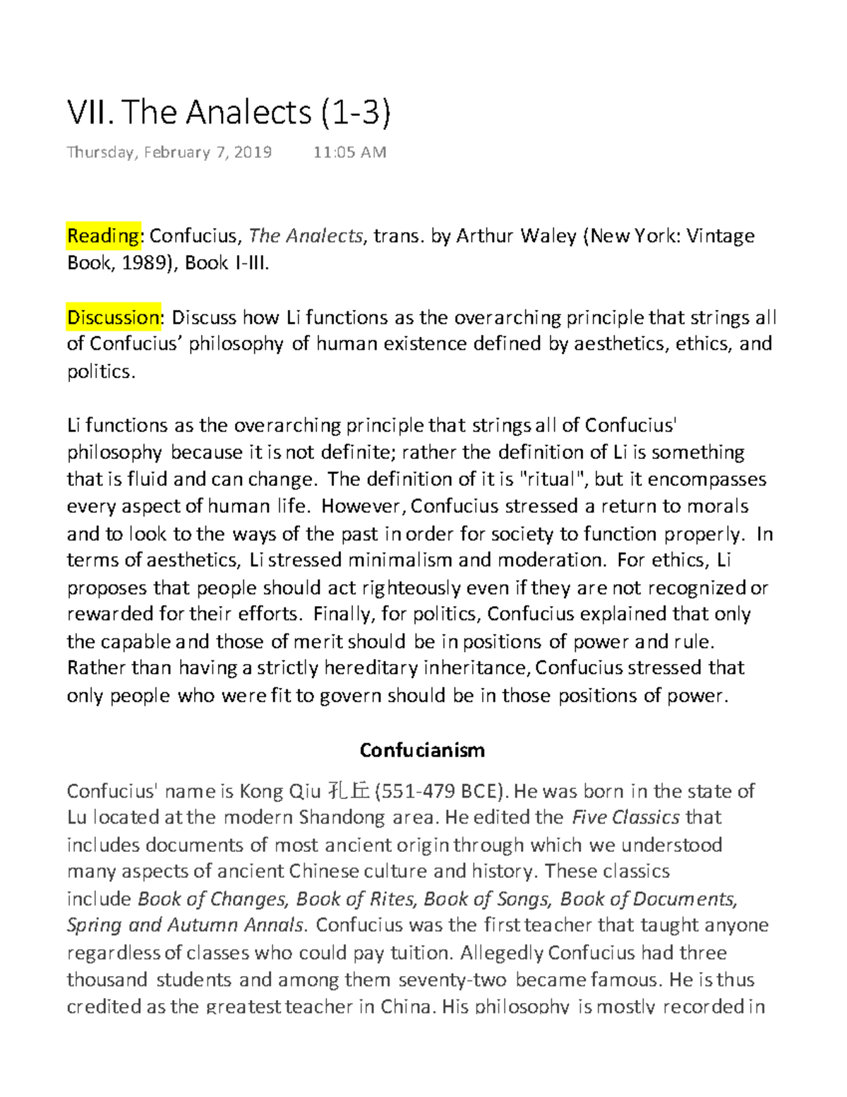 VII. The Analects (1-3) - Reading: Confucius, The Analects , trans. by ...
