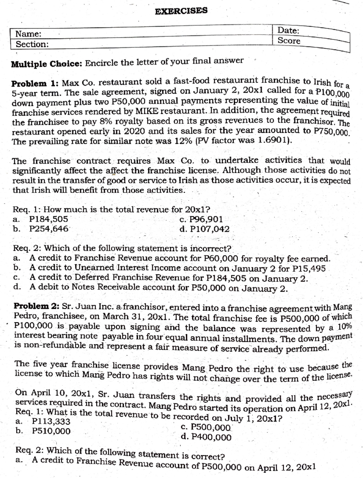 Franchising - Franchise problem - EXERCISES ~ Name:_ - Studocu