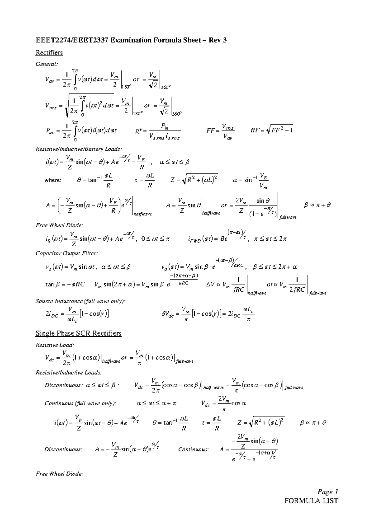 Eeet2274 Exam Formula Sheet - EEET2274/EEET2337 Examination Formula ...