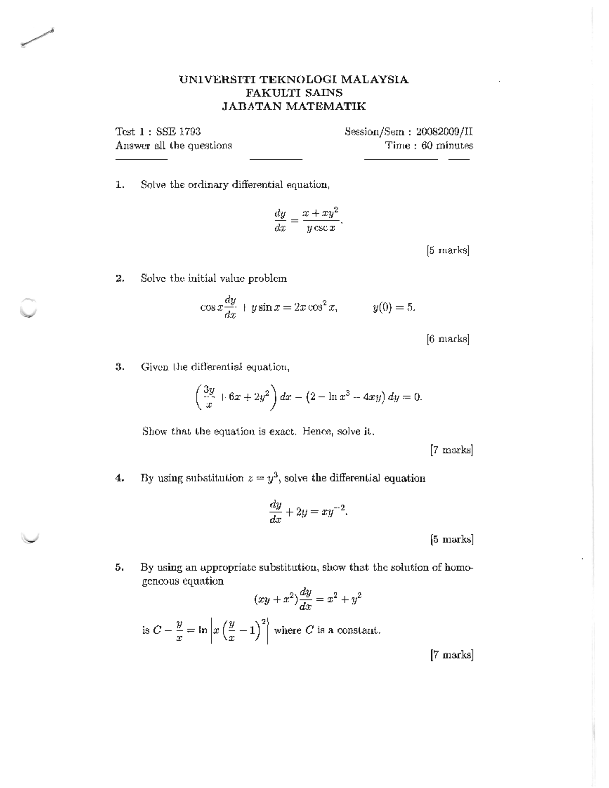 Test 1, questions and answers - DEPARTMENT OF MATHEMATICAL SCIENCES ...