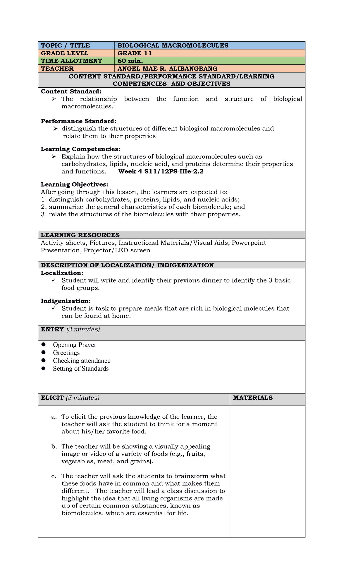 Biomolecule LP SHS - shs - TOPIC / TITLE BIOLOGICAL MACROMOLECULES ...