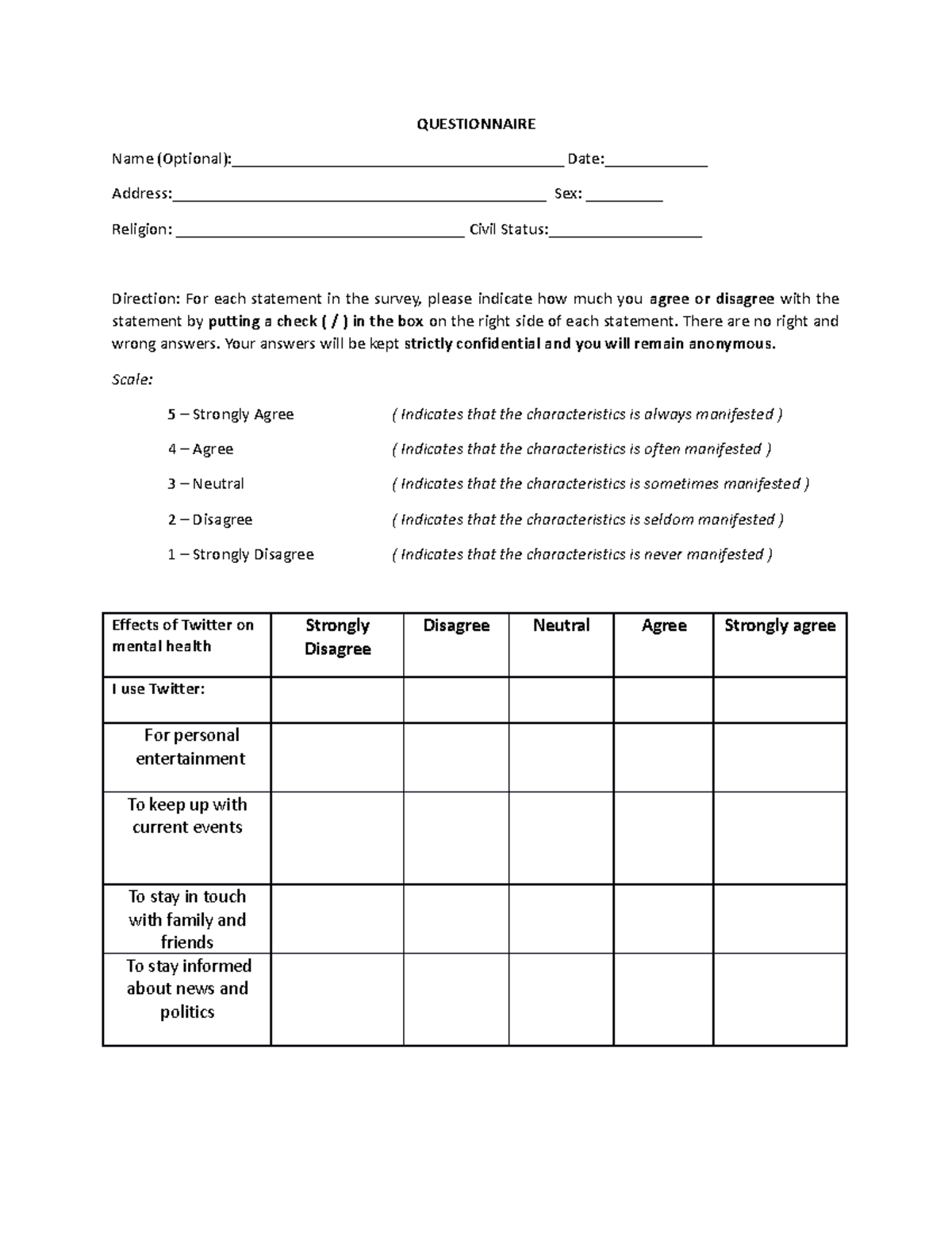 Questionnaire final edited 1 - QUESTIONNAIRE Name (Optional