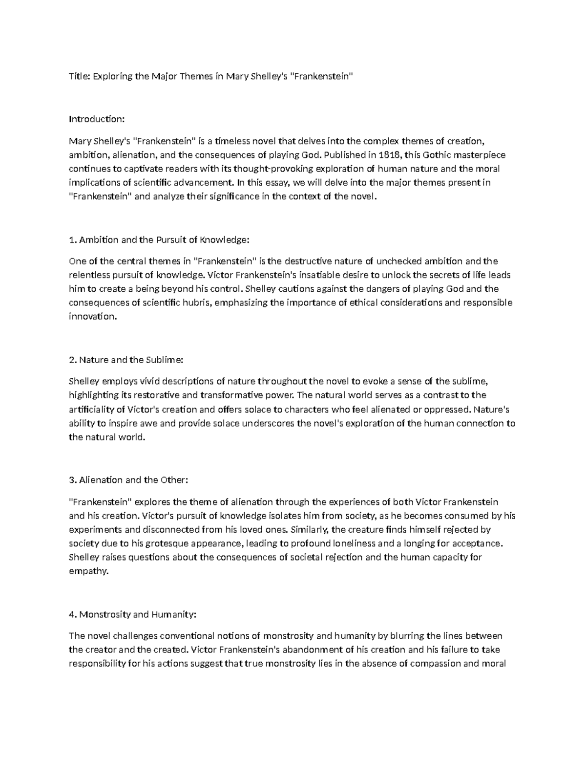 Frankenstein Essay - Title: Exploring the Major Themes in Mary Shelley ...