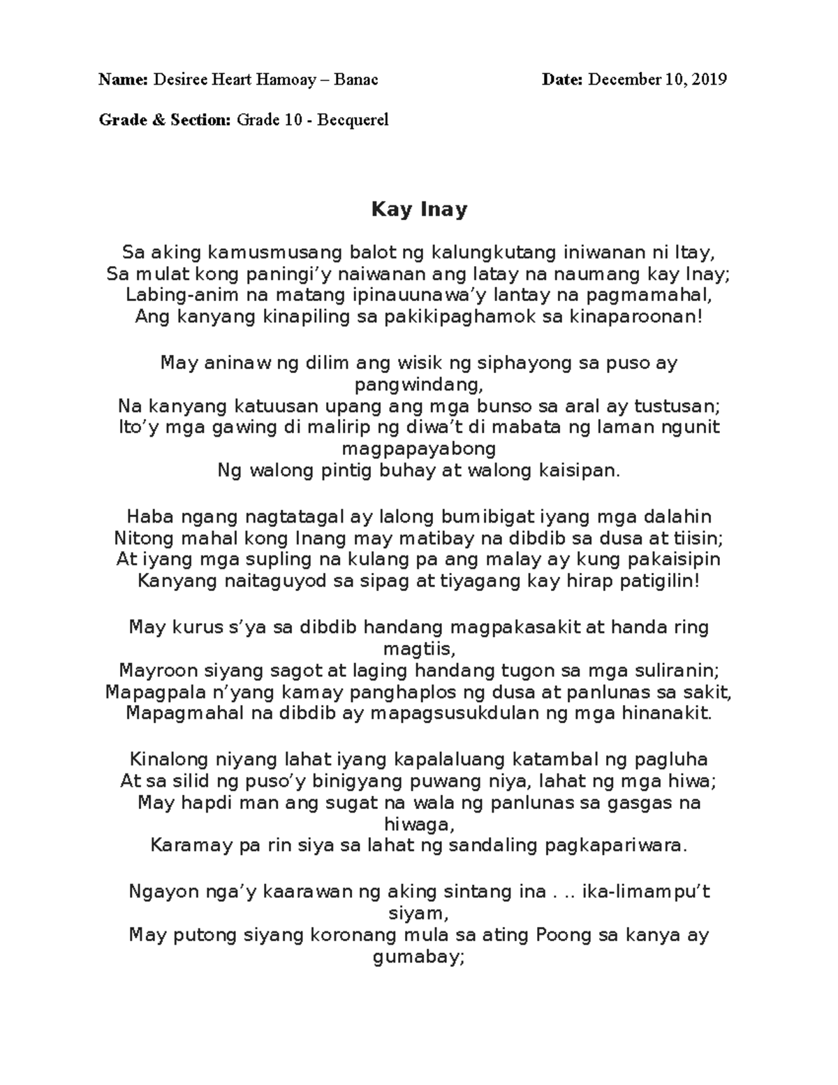 442172650 tula for ina - Grade & Section: Grade 10 - Becquerel Kay Inay ...