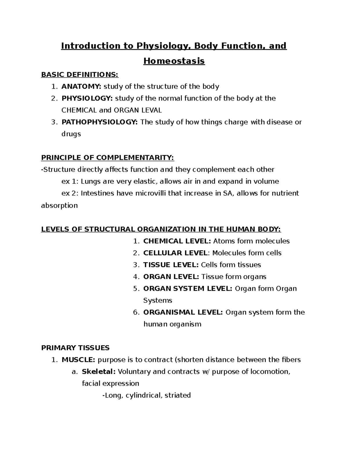 Patho Exam 1 notes - Introduction to Physiology, Body Function, and ...