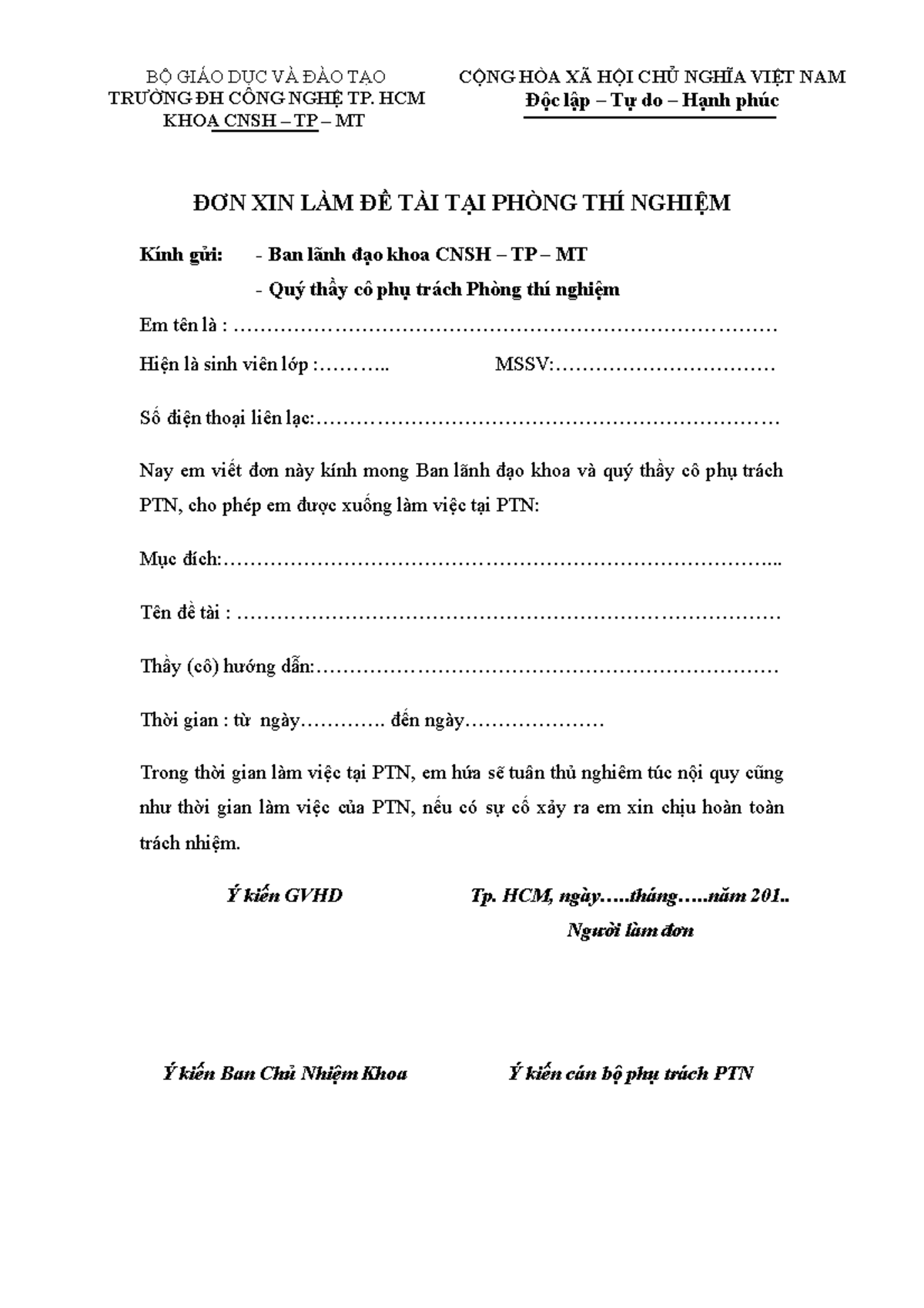 Mau don PTN - www - TRƯỜNG ĐH CÔNG NGHỆ TP. HCMBỘ GIÁO DỤC VÀ ĐÀO TẠO ...