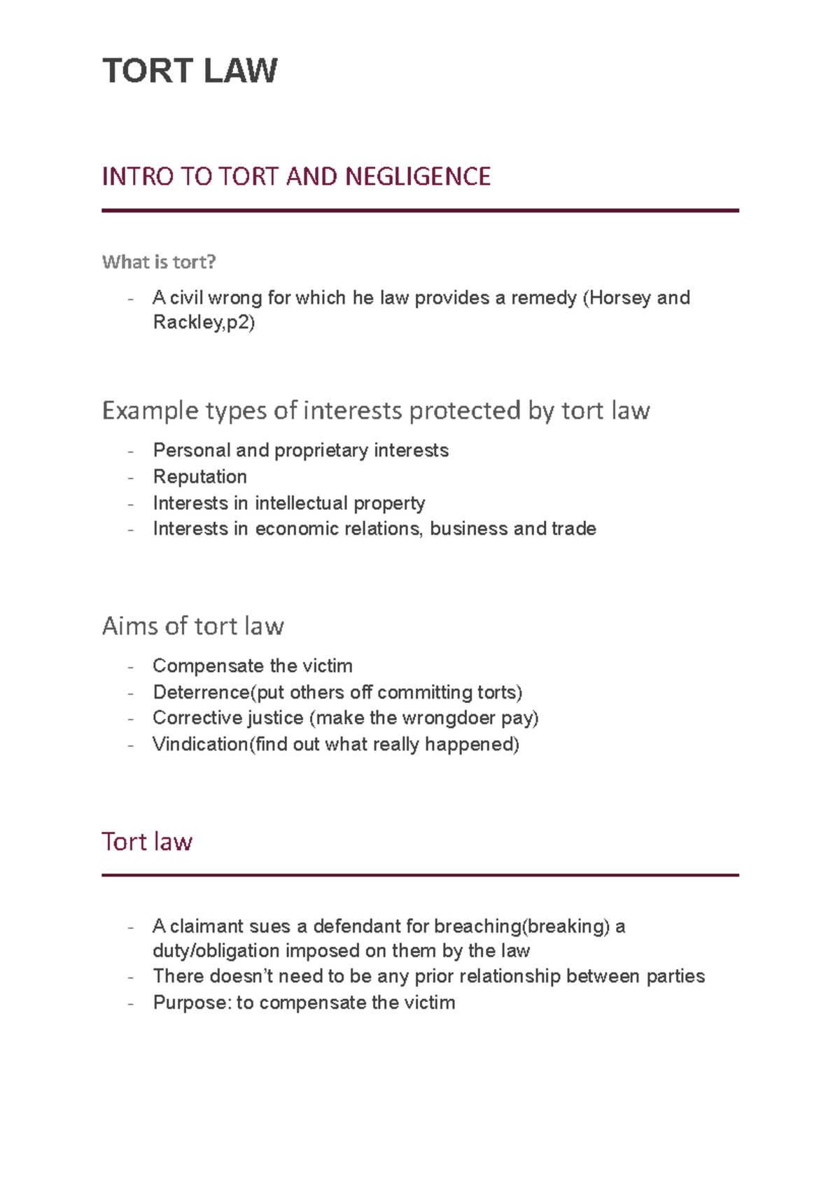 Week 3- Breach of duty - TORT LAW INTRO TO TORT AND NEGLIGENCE What is ...