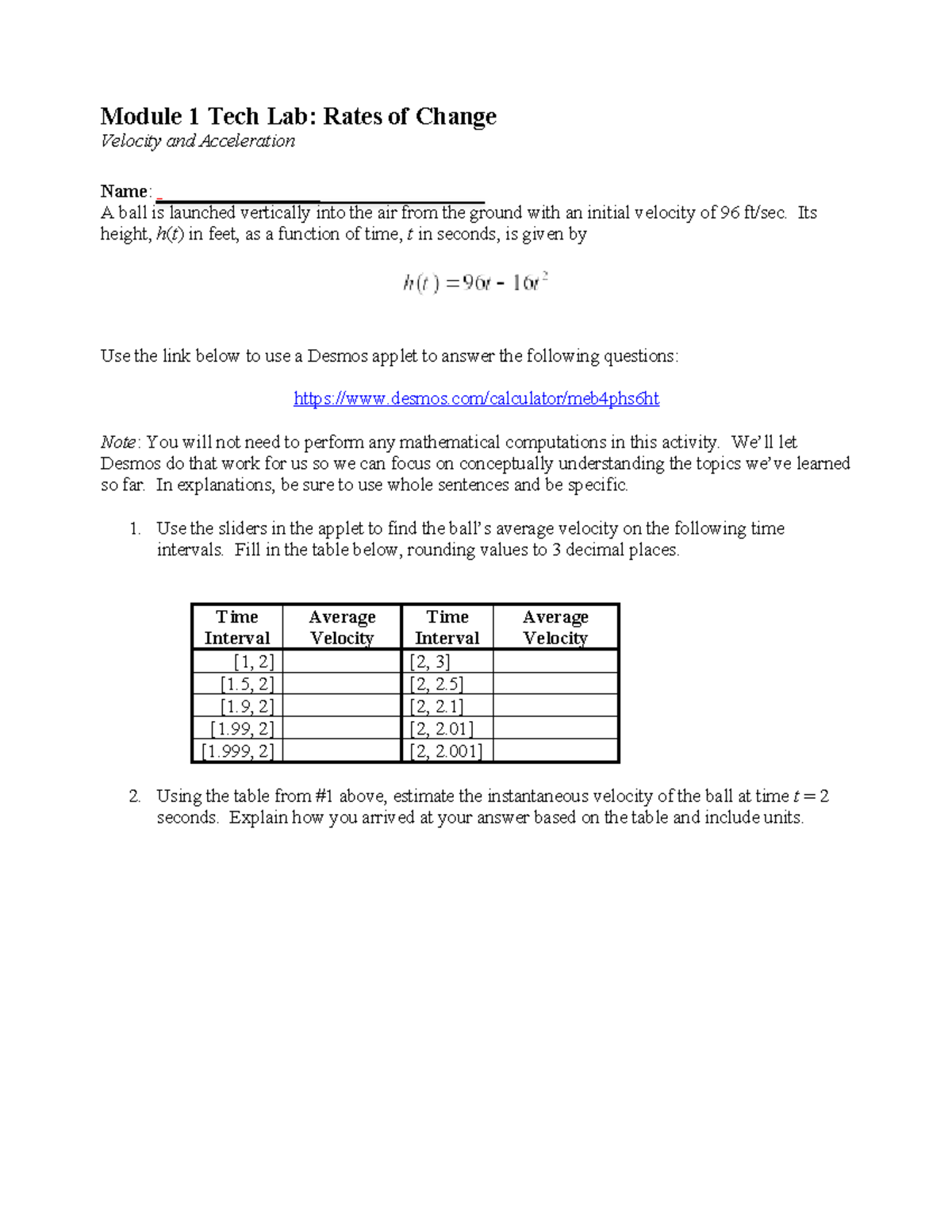Module 1 Tech Lab - Rates of Change - Module 1 Tech Lab: Rates of ...
